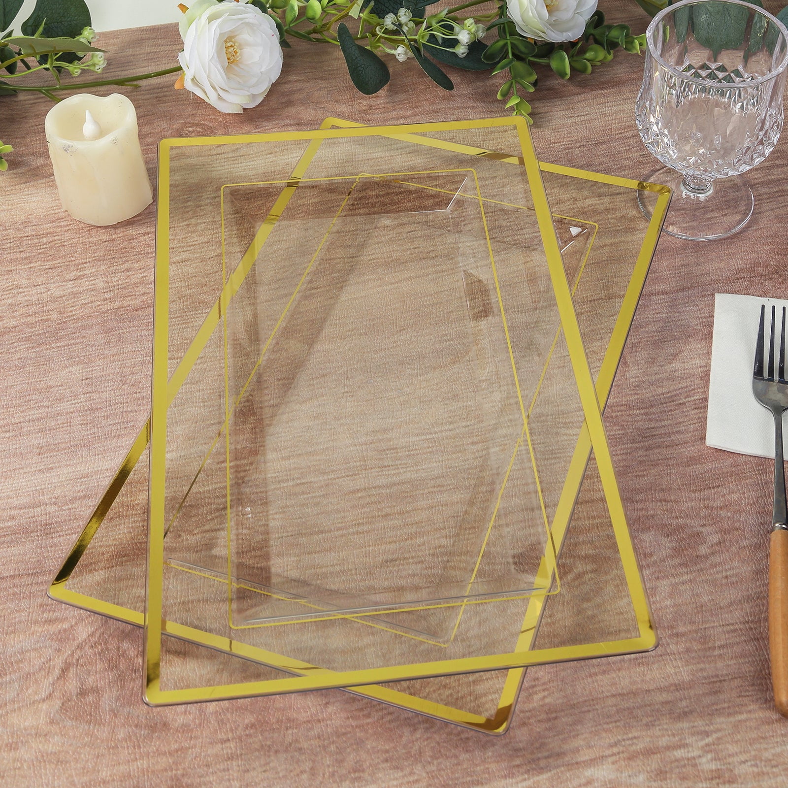Efavormart 10 Pack Clear Rectangular Plastic Serving Trays with Gold ...