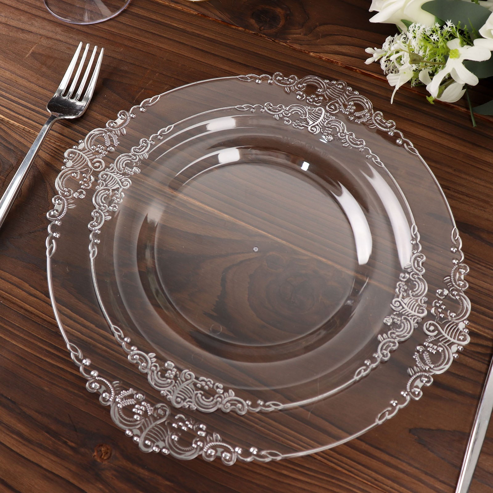Efavormart 10 Pack | Clear/Silver Baroque 8" Round Plastic Dessert ...