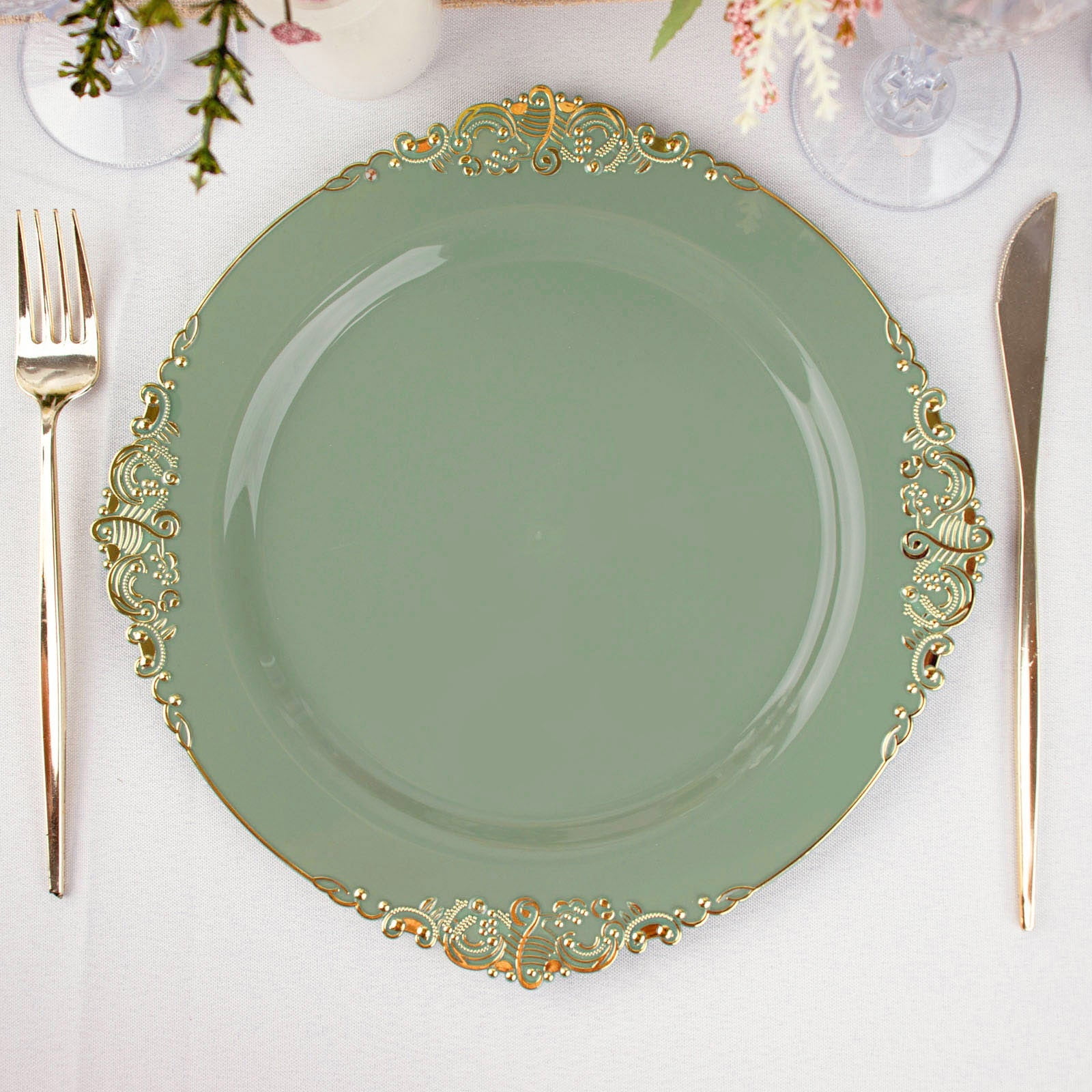 Efavormart 10 Pack | Dusty Sage/Gold Baroque 10" Round Plastic Dinner ...