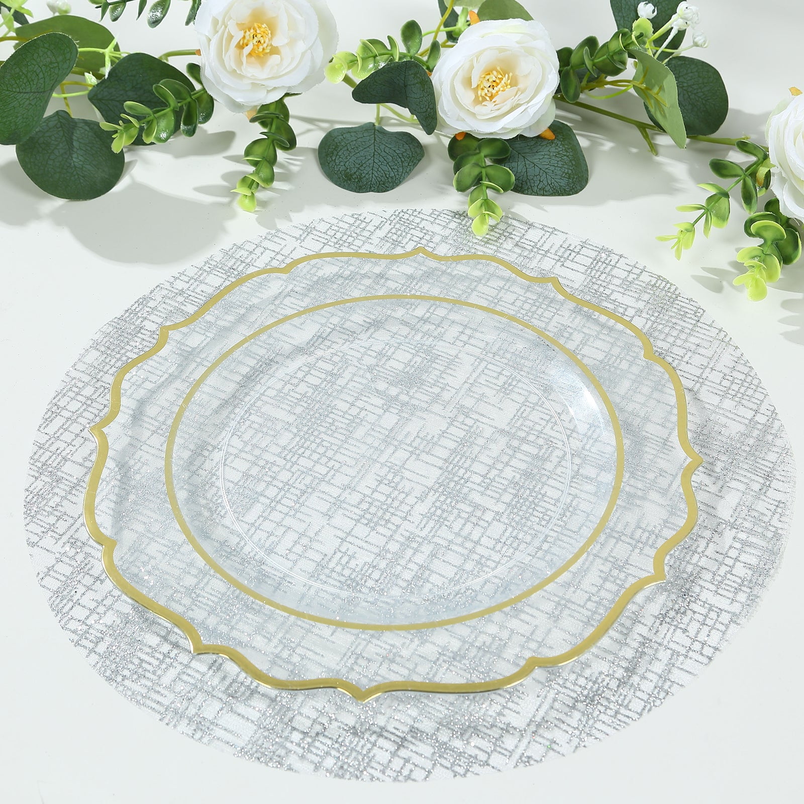 Efavormart 10 Pack Metallic Silver Glitter Mesh Round Placemats, 13 ...