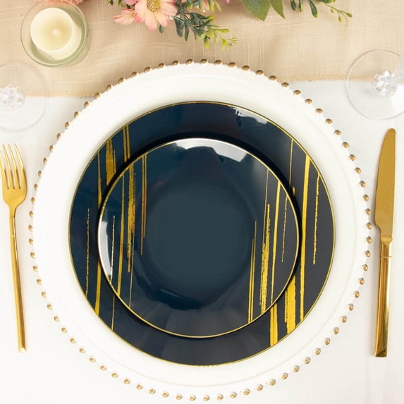 Efavormart 10 Pack | Navy Blue And Gold Brush Stroked 10" Round Plastic ...