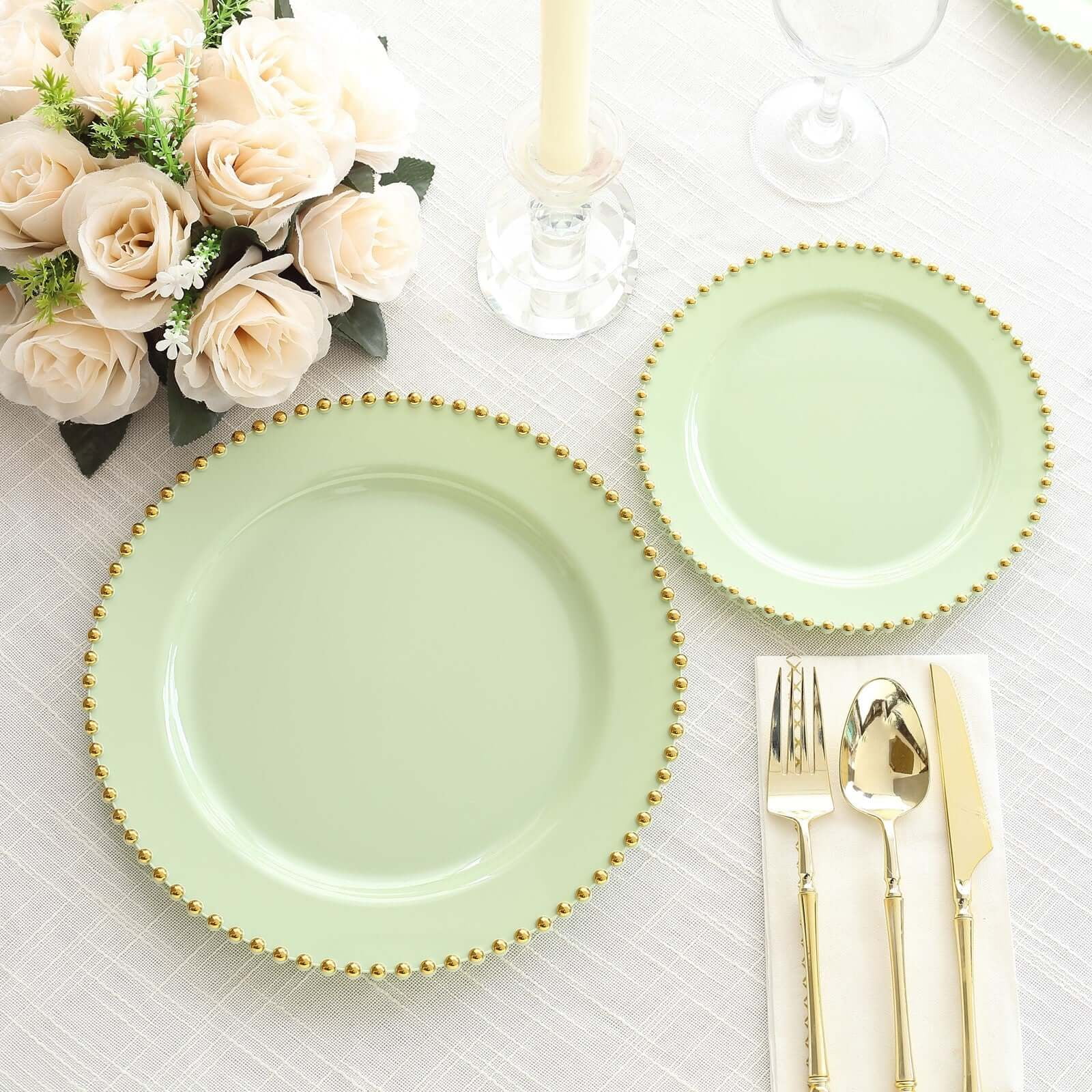 Efavormart 10 Pack Sage Green Plastic Dinner Plates with Gold Beaded ...