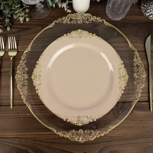 Efavormart 10 Pack | Taupe/Gold Baroque 10" Round Plastic Dinner Plates ...