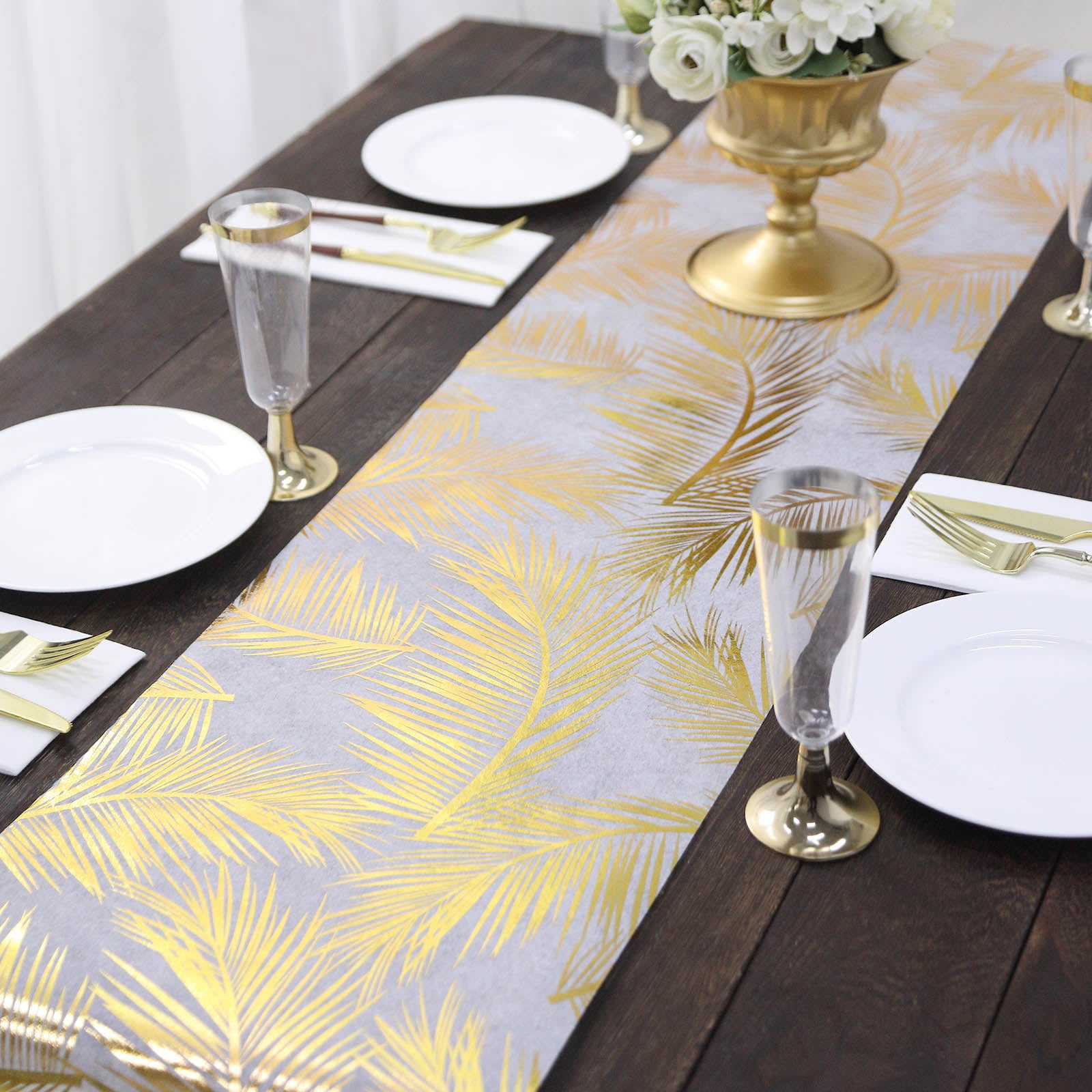 Efavormart 108" Metallic Gold Palm Leaves Non-Woven Foil Table Runner ...
