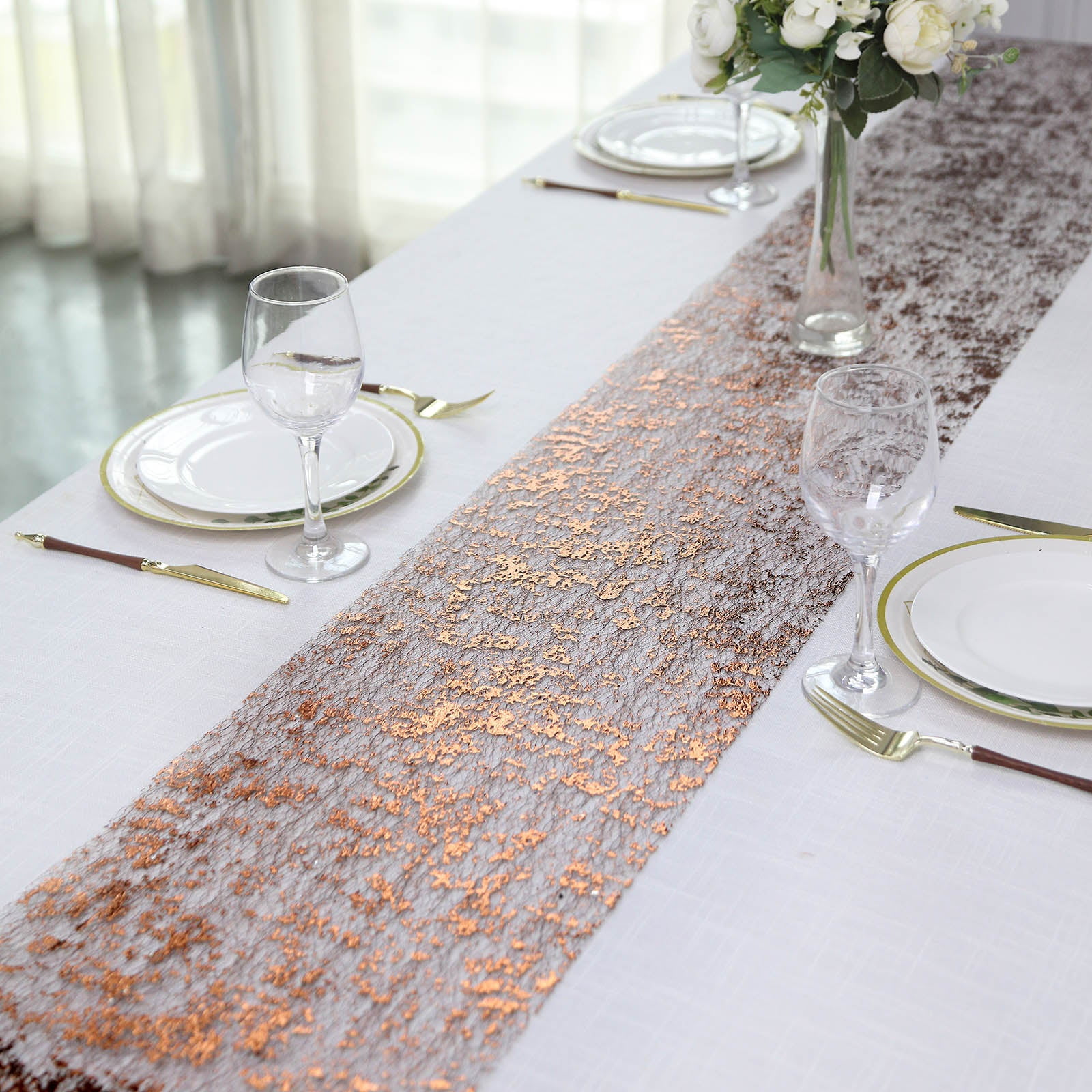 Efavormart 108" Sparkly Metallic Bronze Foil Thin Mesh Polyester Table ...