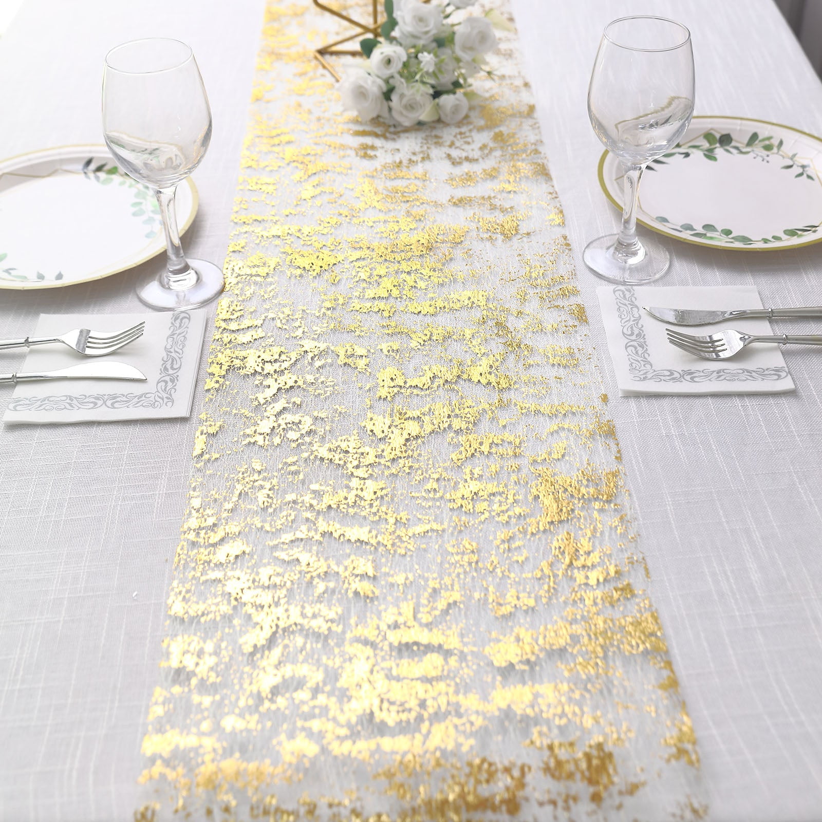 "Efavormart 108"" Gold Foil Thin Mesh Polyester Table Runner for ...
