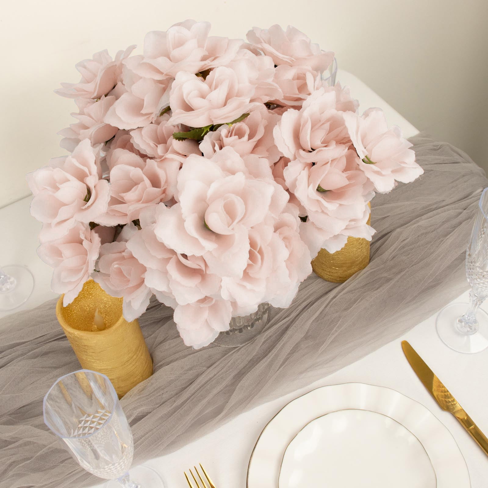 Efavormart 12 Bushes | Blush/Rose Gold Artificial Premium Silk Blossomed Rose Flowers | 84 Roses ...