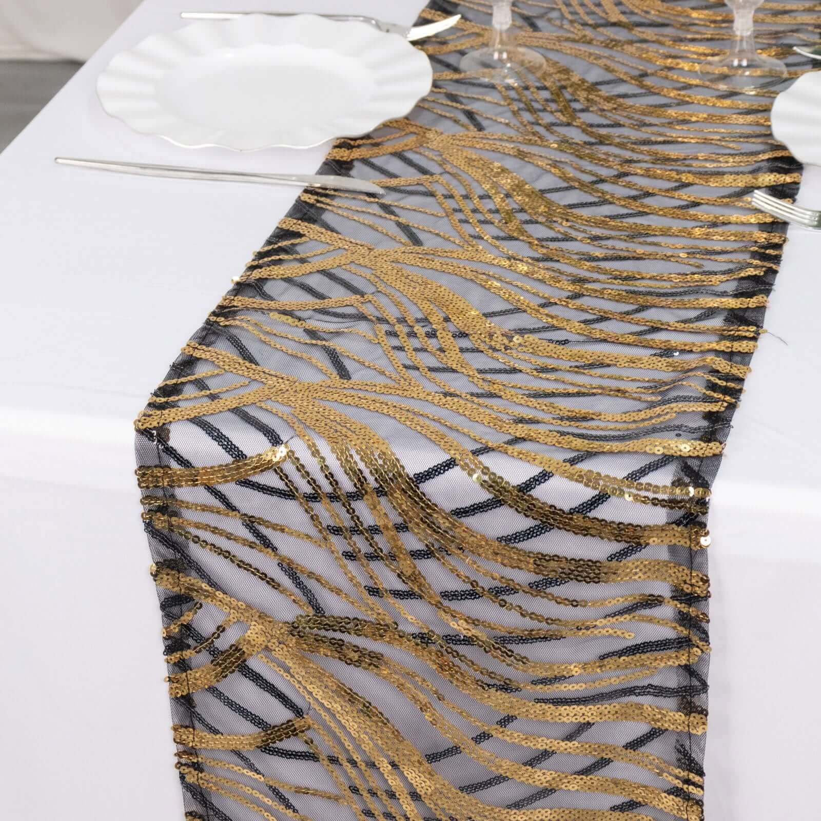 Efavormart 12"x108" Black Gold Wave Mesh Table Runner With Embroidered ...
