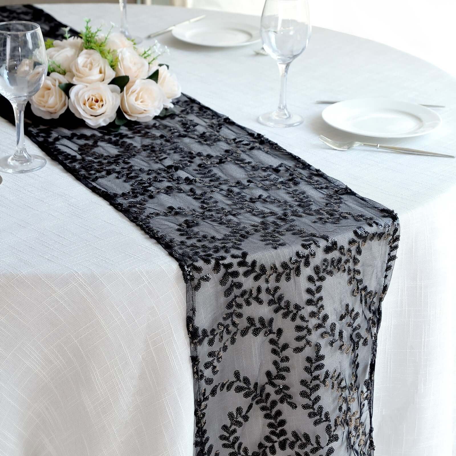 Efavormart 12"x108" Black Leaf Vine Embroidered Sequin Mesh Like Table ...