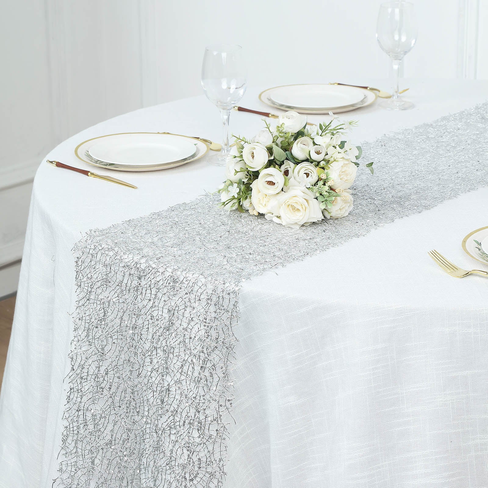 Efavormart 12"x108" Silver Sequin Mesh Schiffli Lace Table Runner ...