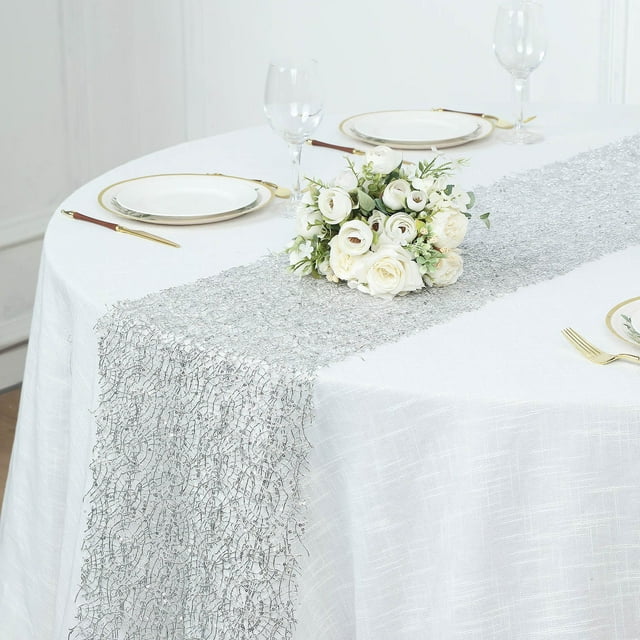 Efavormart 12"x108" Silver Sequin Mesh Schiffli Lace Table Runner ...