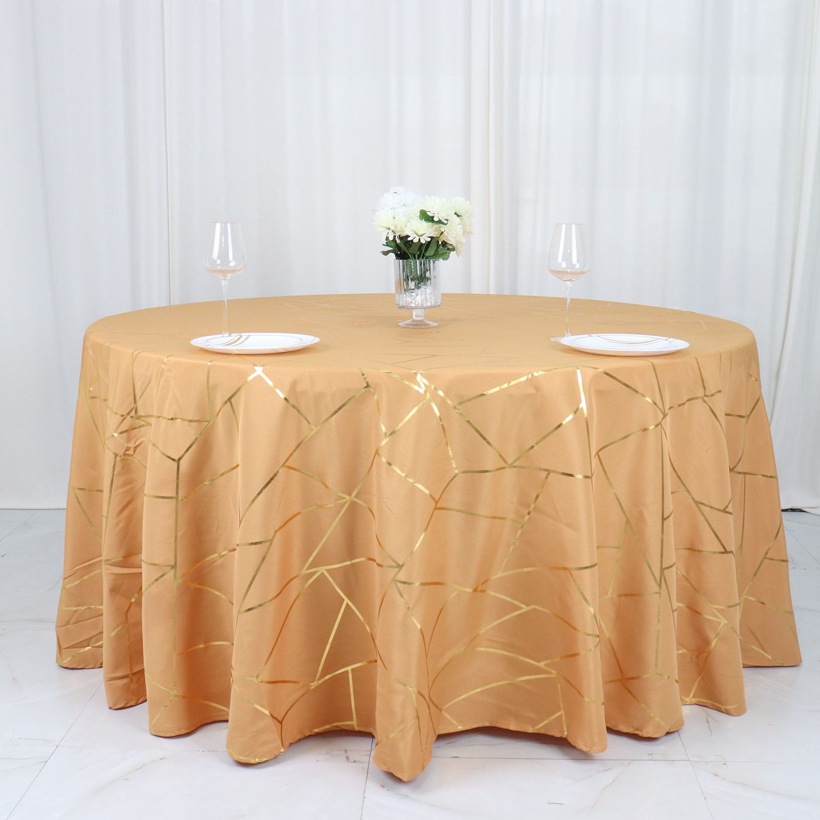 Efavormart 120" Gold Round Polyester Tablecloth With Gold Foil ...