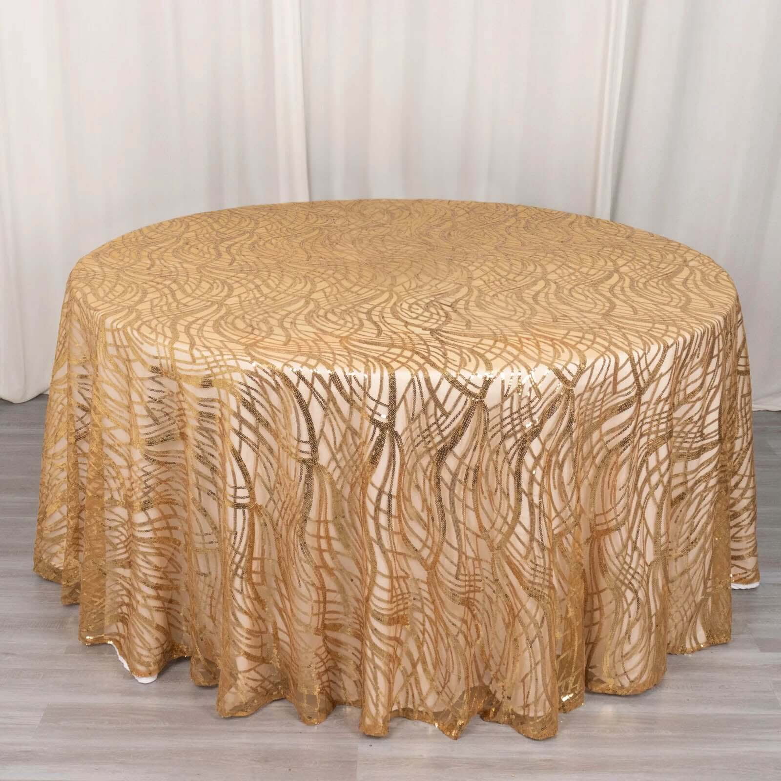 Efavormart 120" Gold Wave Embroidered Seamless Sequin Round Tablecloth ...