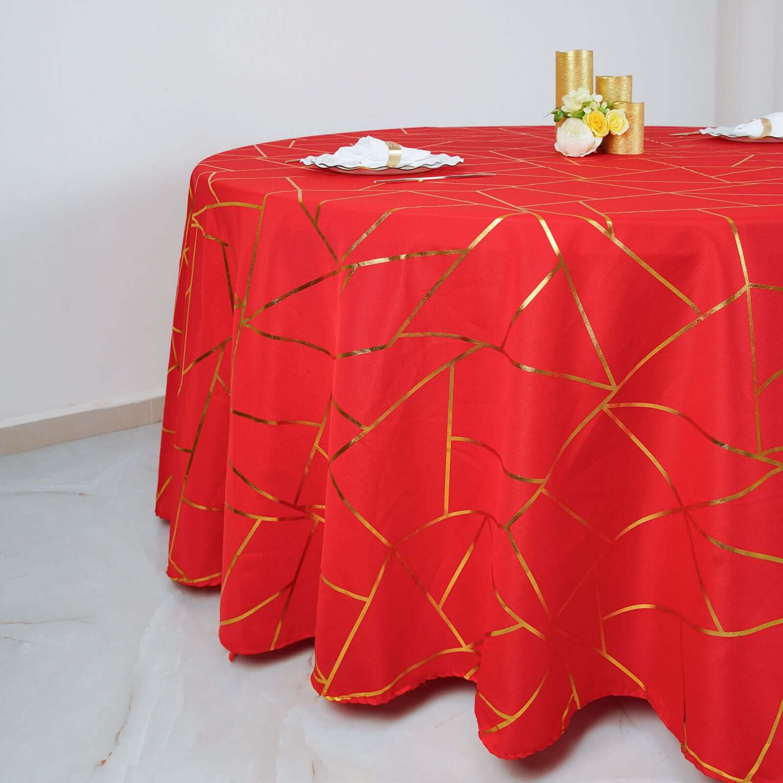 Efavormart 120" Red Round Polyester Tablecloth With Gold Foil Geometric ...
