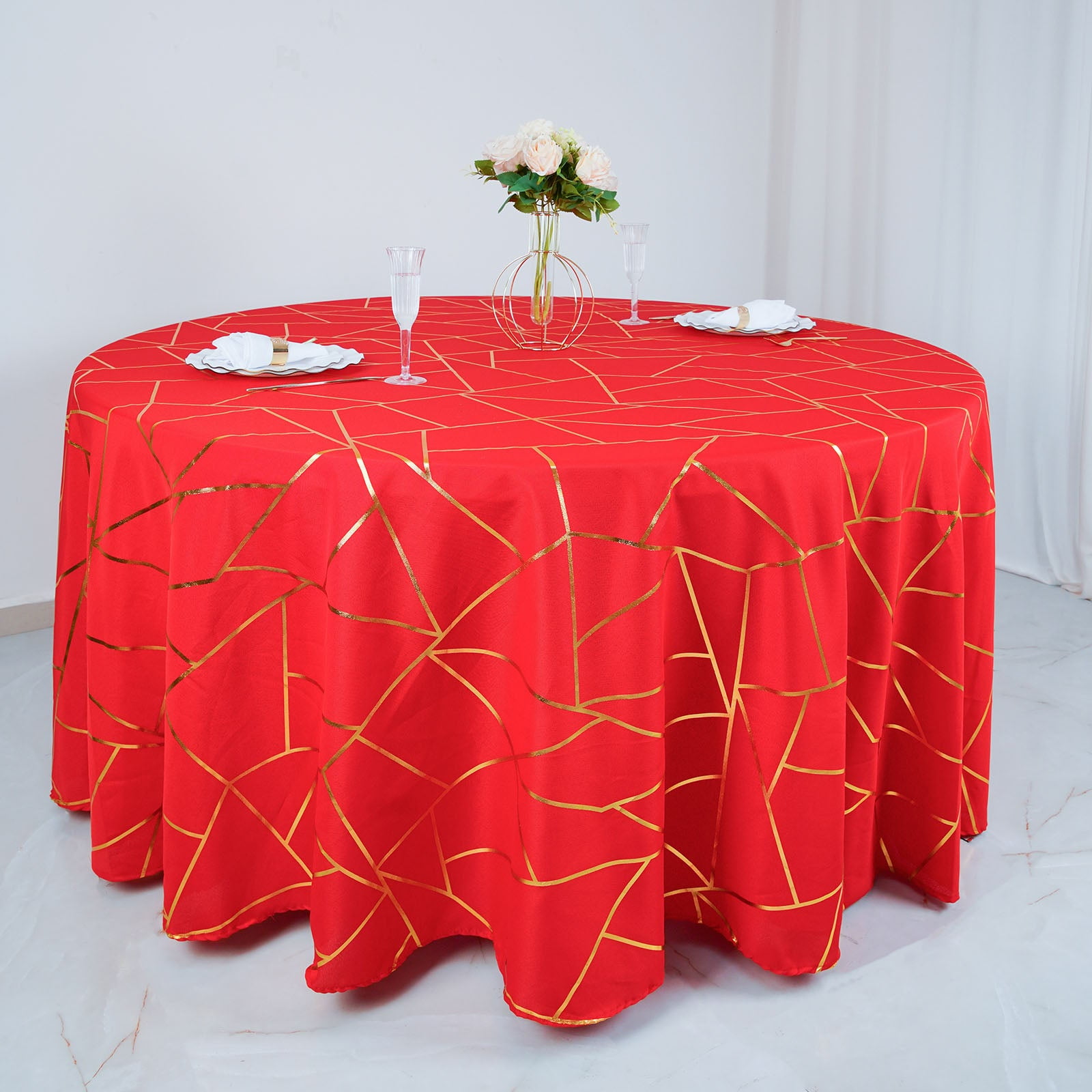 Efavormart 120" Red Round Polyester Tablecloth With Gold Foil Geometric ...