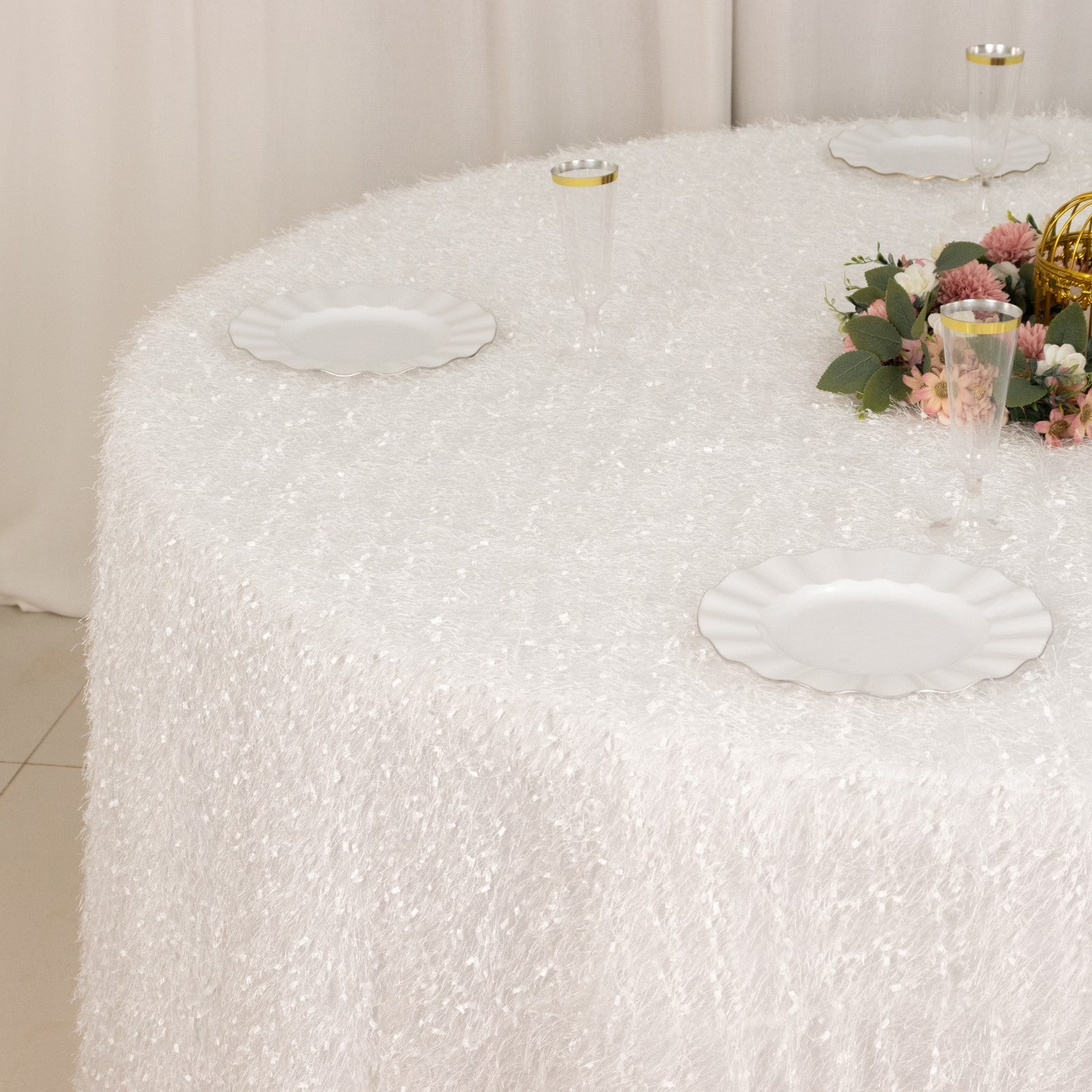 Efavormart 120" White Fringe Shag Polyester Round Tablecloth - Walmart.com