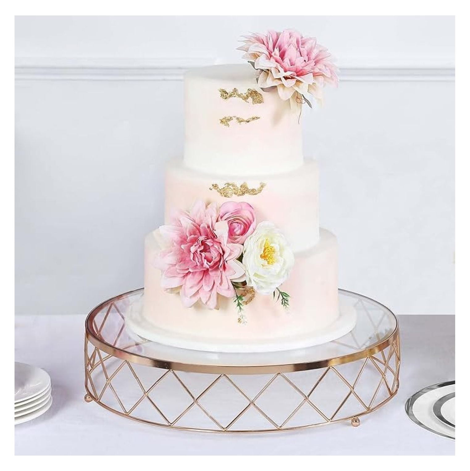 Efavormart 14" Round Metal Geometric Cake Stand Cake Riser with Glass ...