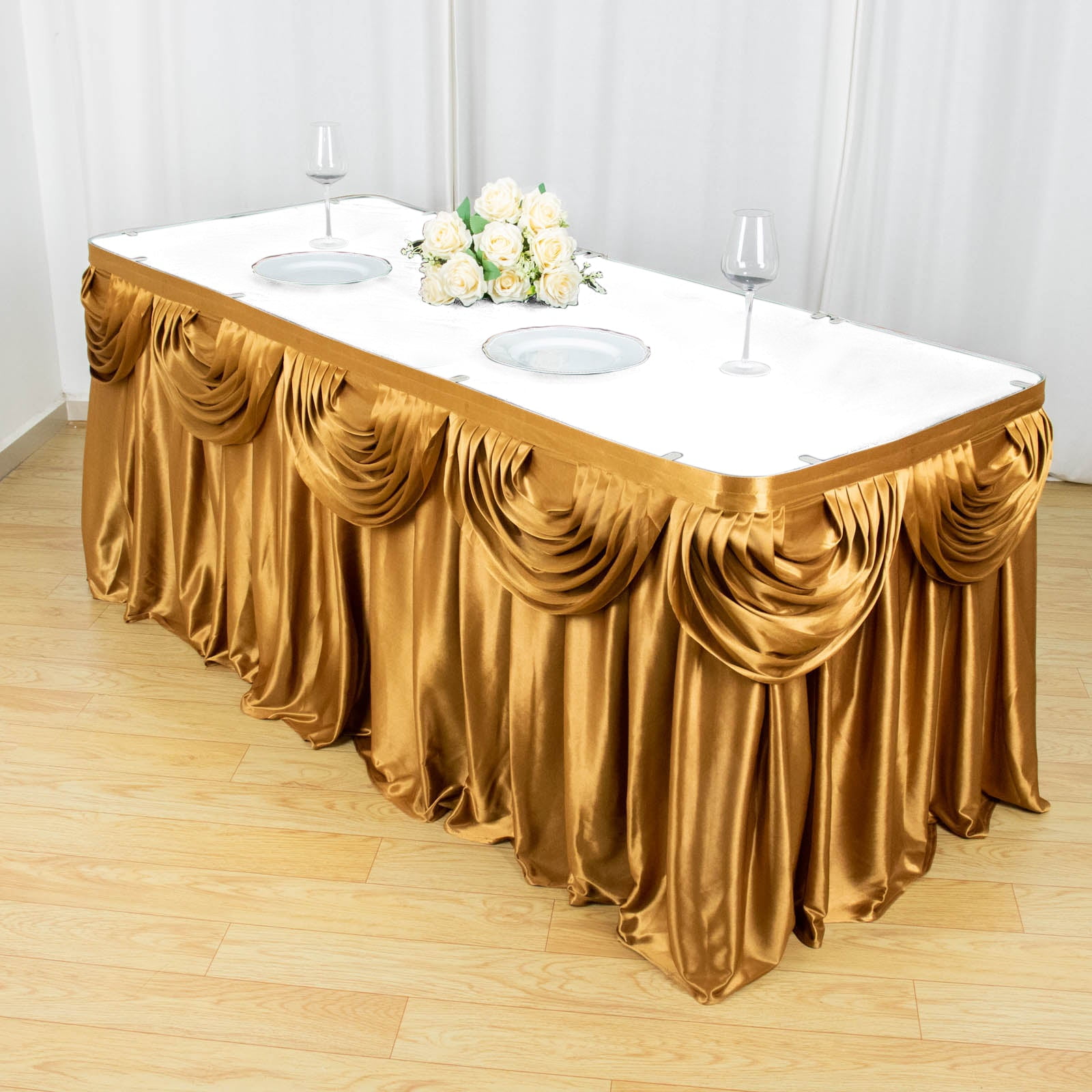 Efavormart 14ft Gold Pleated Satin Double Drape Table Skirt - Walmart.com