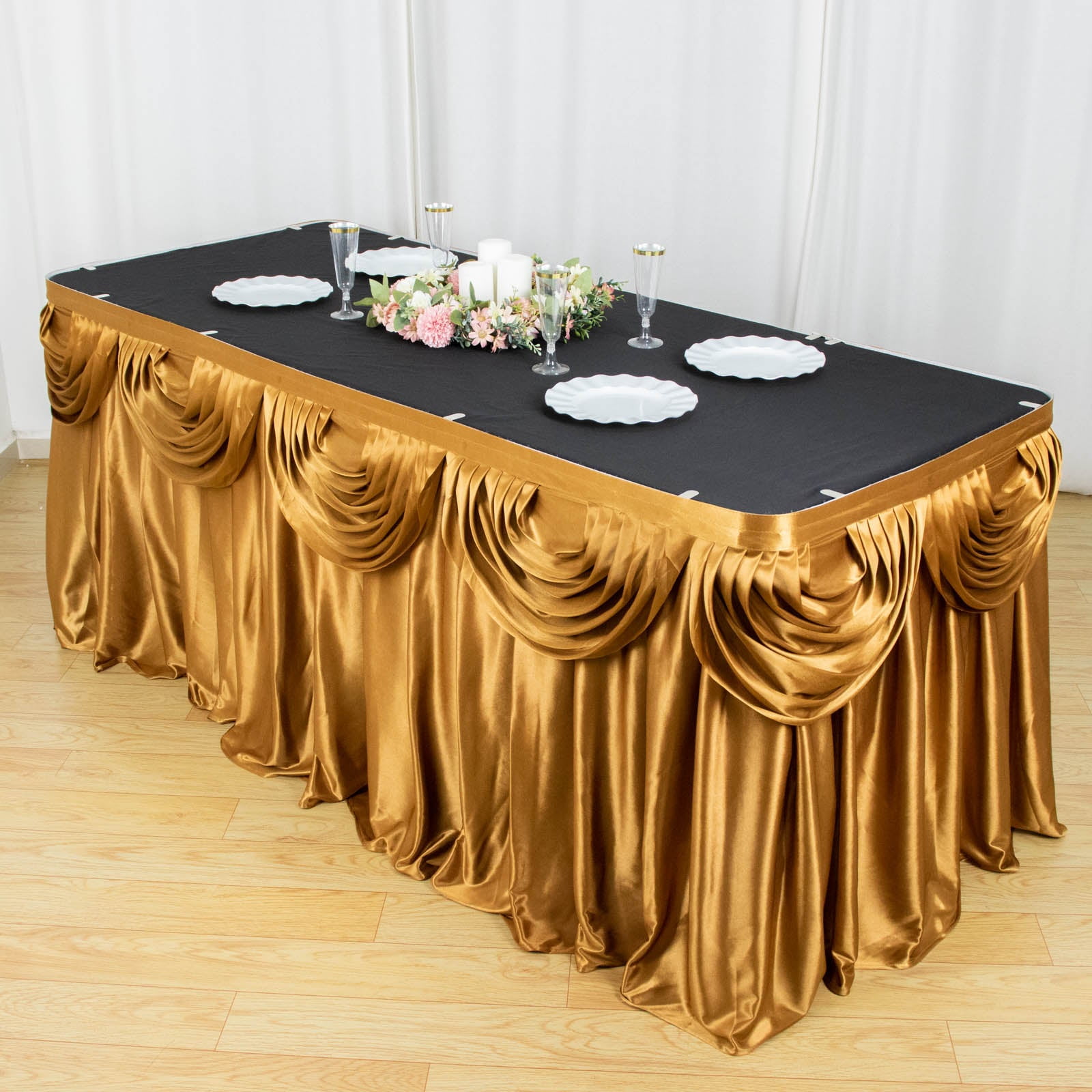 Efavormart 14ft Gold Pleated Satin Double Drape Table Skirt - Walmart.com