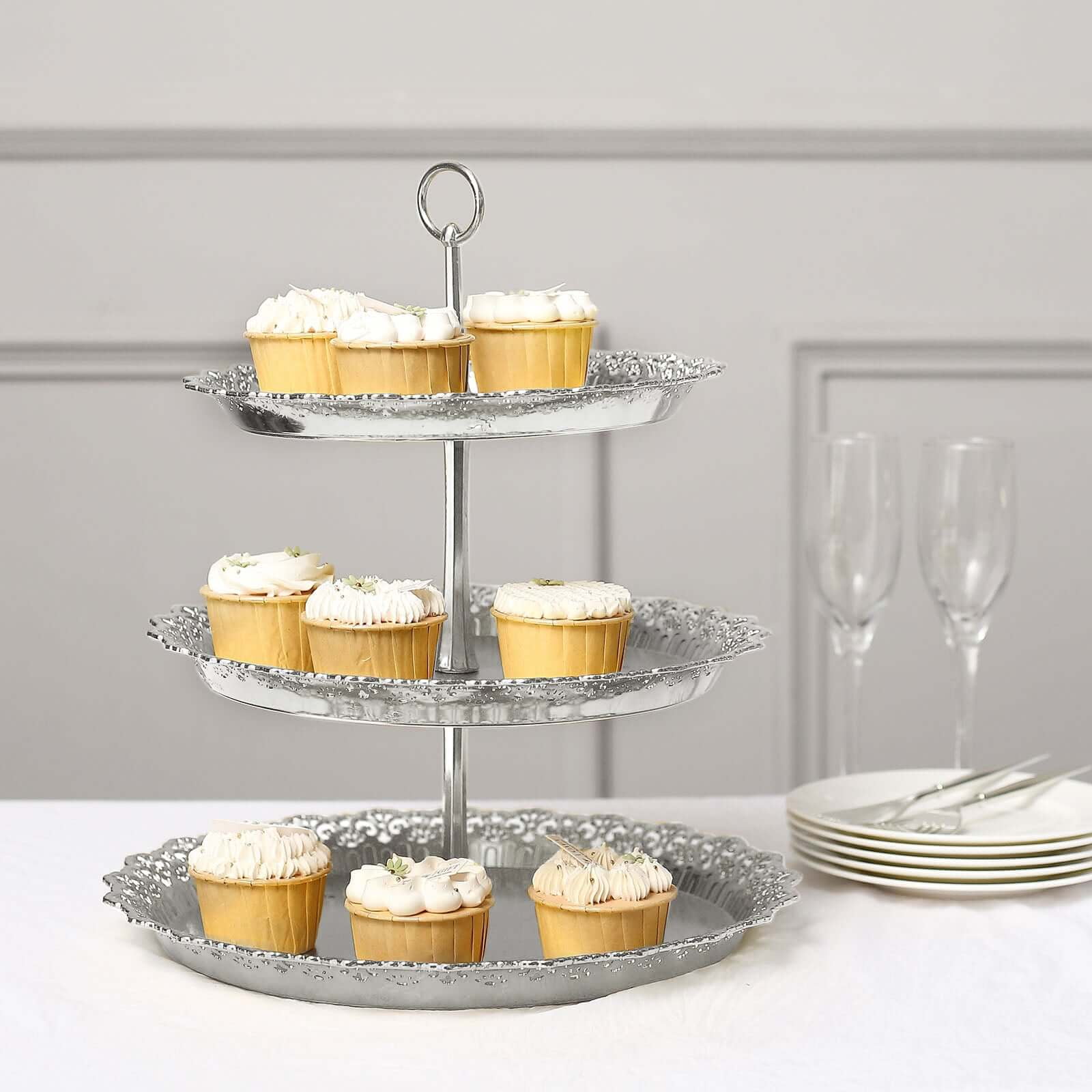 Efavormart 15" Metallic Silver 3-Tier Round Plastic Cupcake Display ...