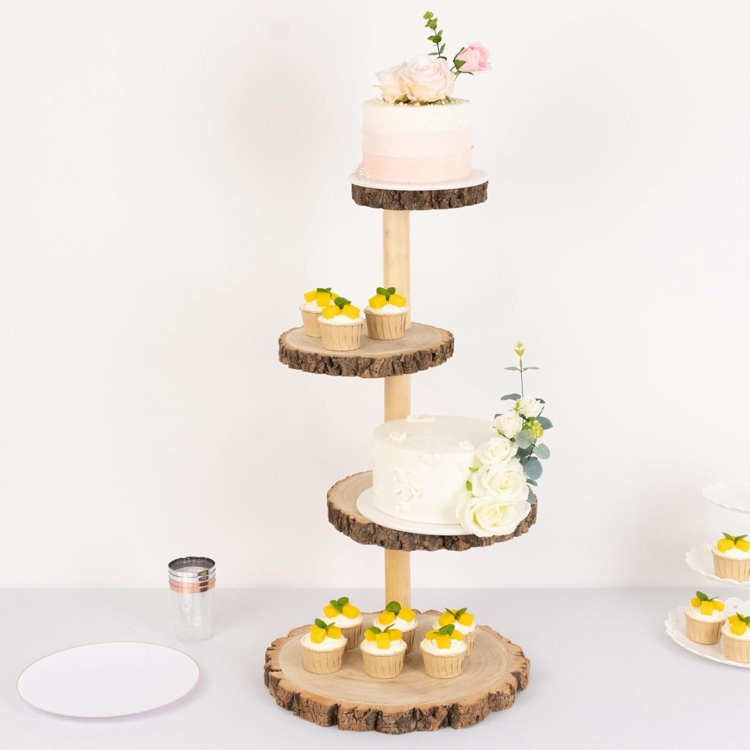 Efavormart 15" Tall 4-Tier Natural Farmhouse Style Wood Slice Cupcake ...