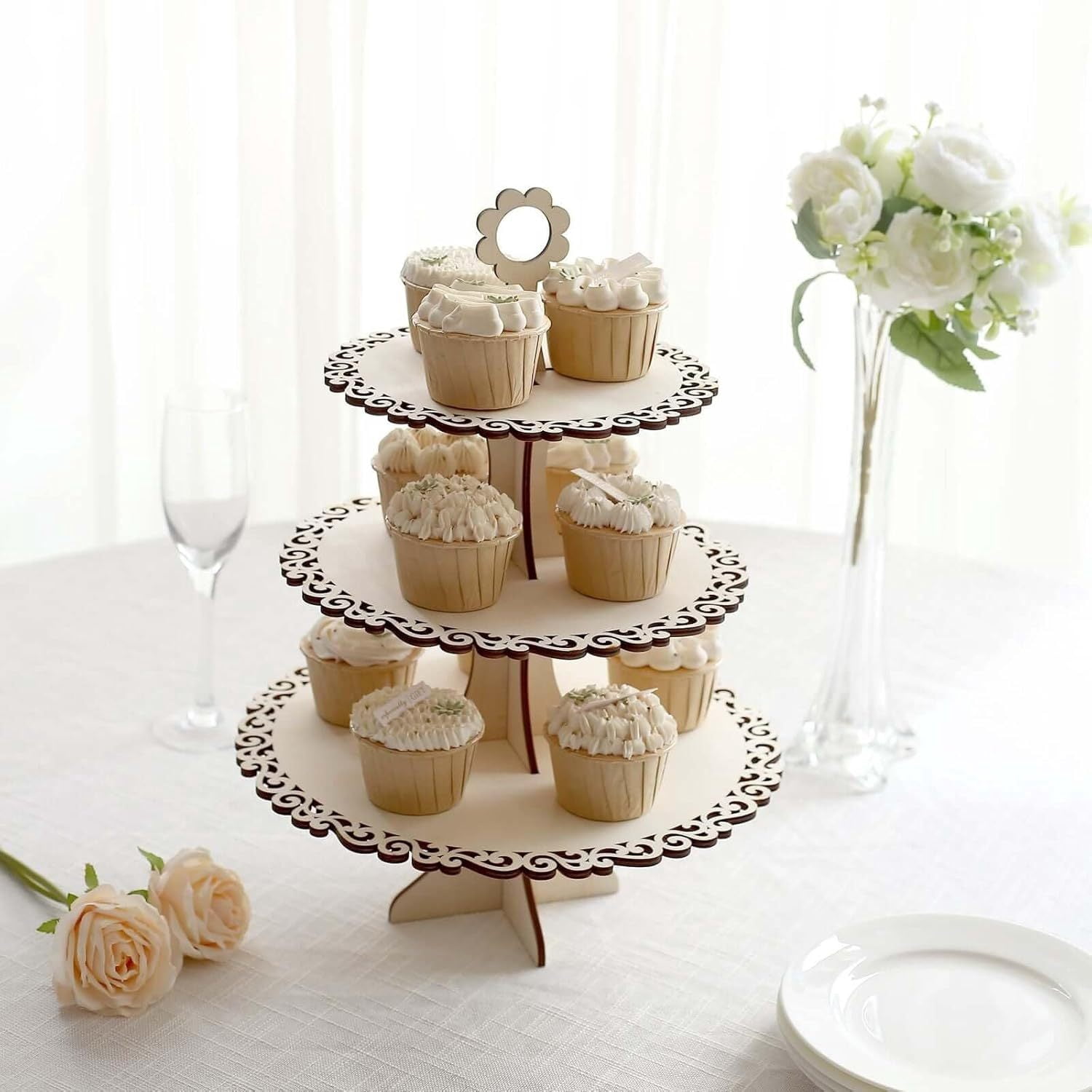 Efavormart 15" Tall 4-Tier Natural Farmhouse Style Wood Slice Cupcake ...