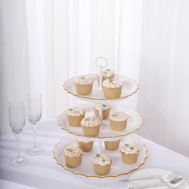 Efavormart 15" White 3-Tier Plastic Cupcake Tray Tower With Gold ...