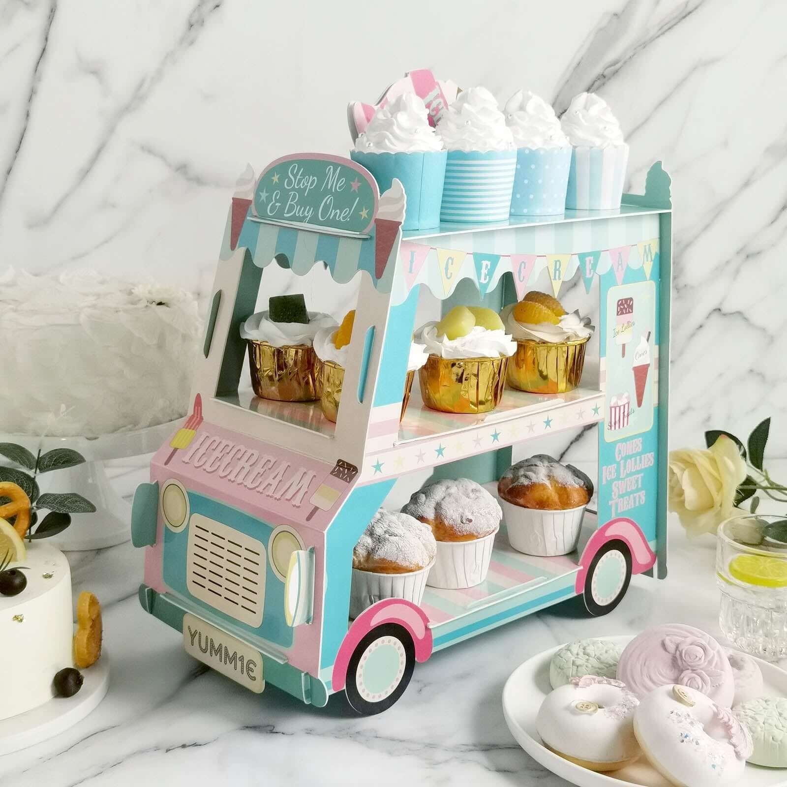 Efavormart 16" | 3 Tier Ice Cream Truck Cardboard Cupcake Stand, Double ...