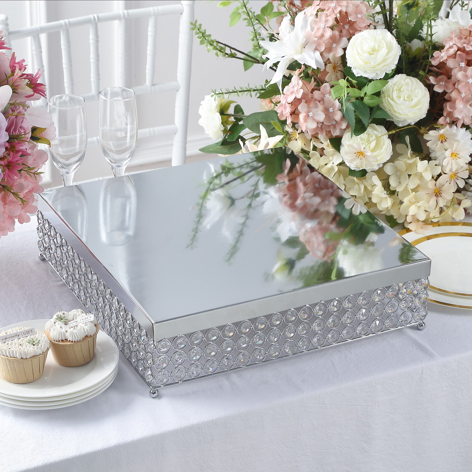 Efavormart 16" Bejeweled Silver Square Crystal Beaded Stainless Steel ...