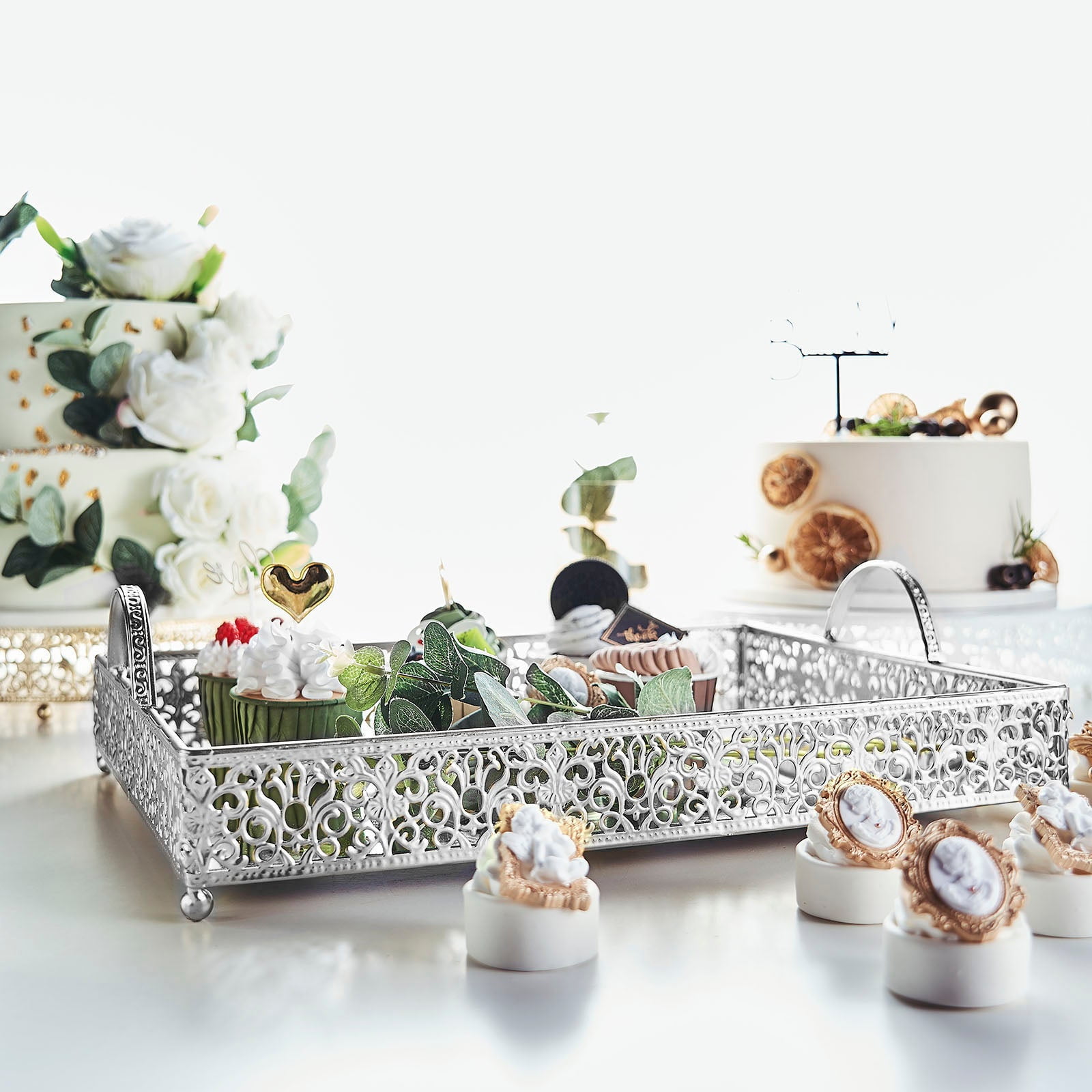 Efavormart 16"x12" Lace Silver Metal Decorative Serving Trays with ...