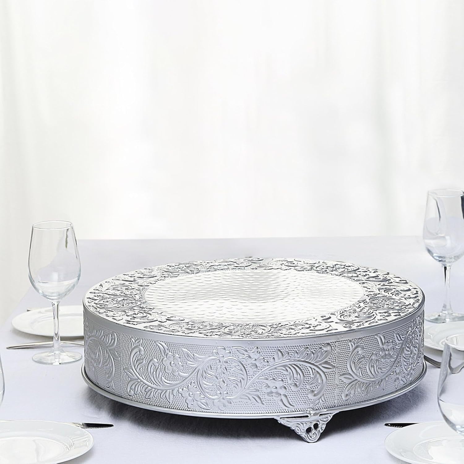 Efavormart 18 inch Silver Round Embossed Metal Cake Plateau Stand Riser ...