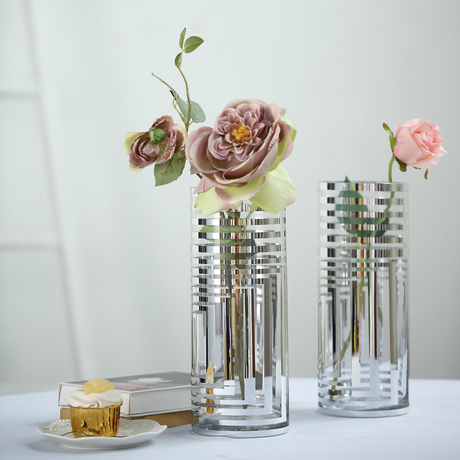 Efavormart 2 Pack 12" Silver Striped Cylinder Vases Glass Vases Flower ...
