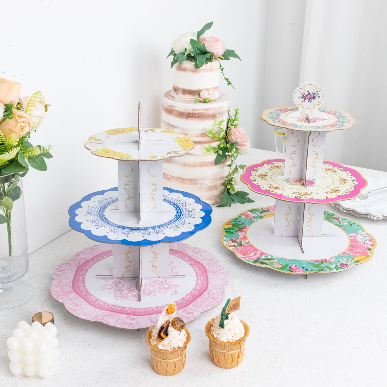 Efavormart 2 Pack | 14" 3-Tier Floral Cardboard Wedding Cake Stand ...