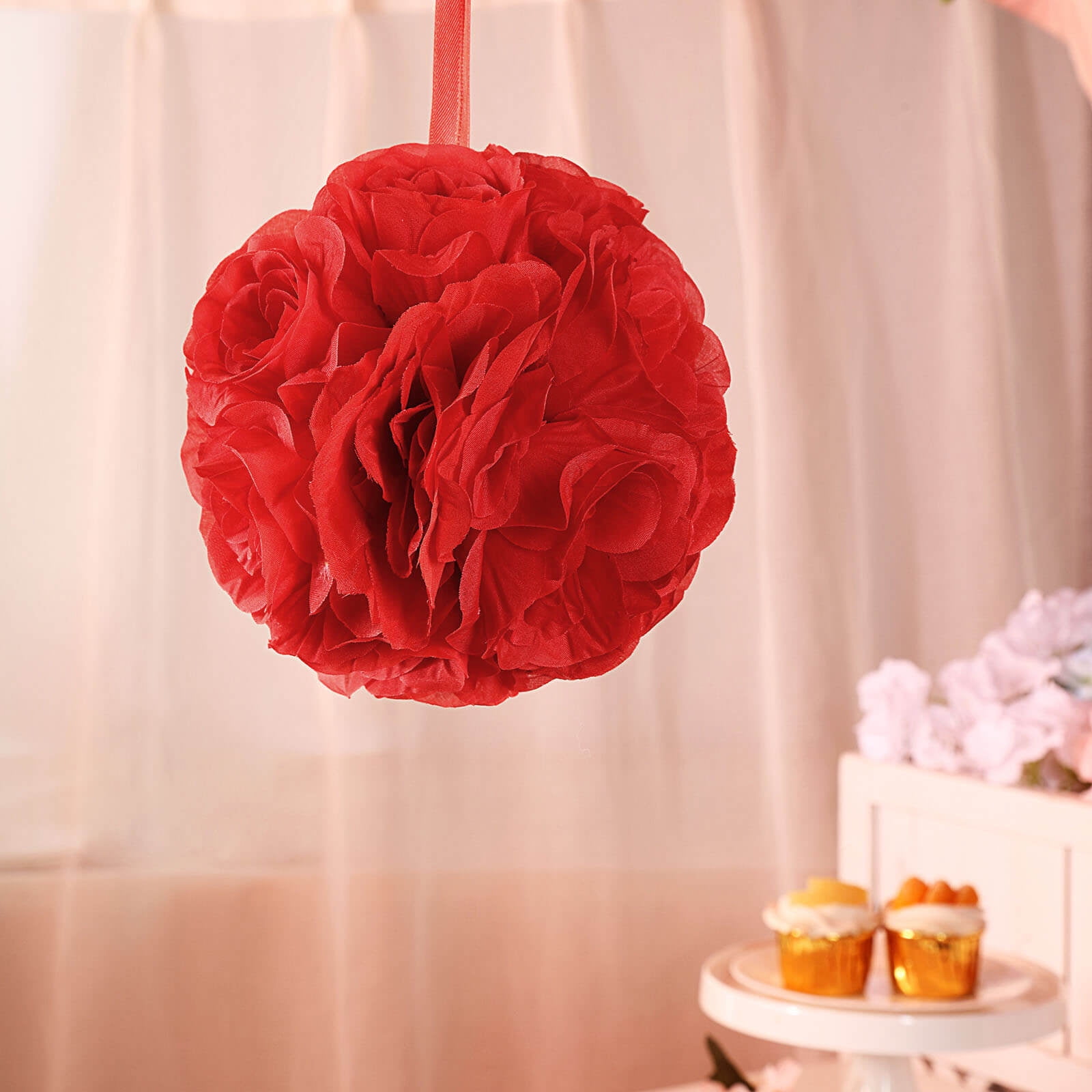 Efavormart 2 Pack | 7" RED Flower Ball Silk Rose Pomander Kissing Ball ...
