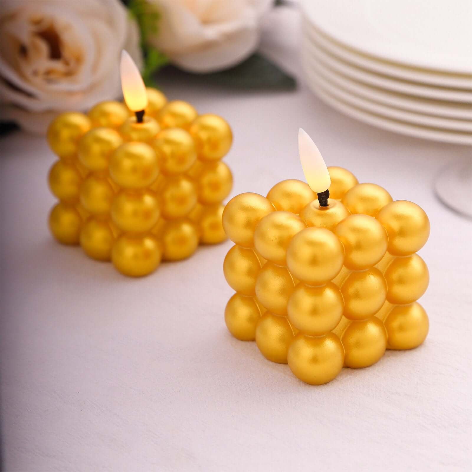 Efavormart 2 Pack Metallic Gold Mini Bubble Cube Flameless LED Candles ...
