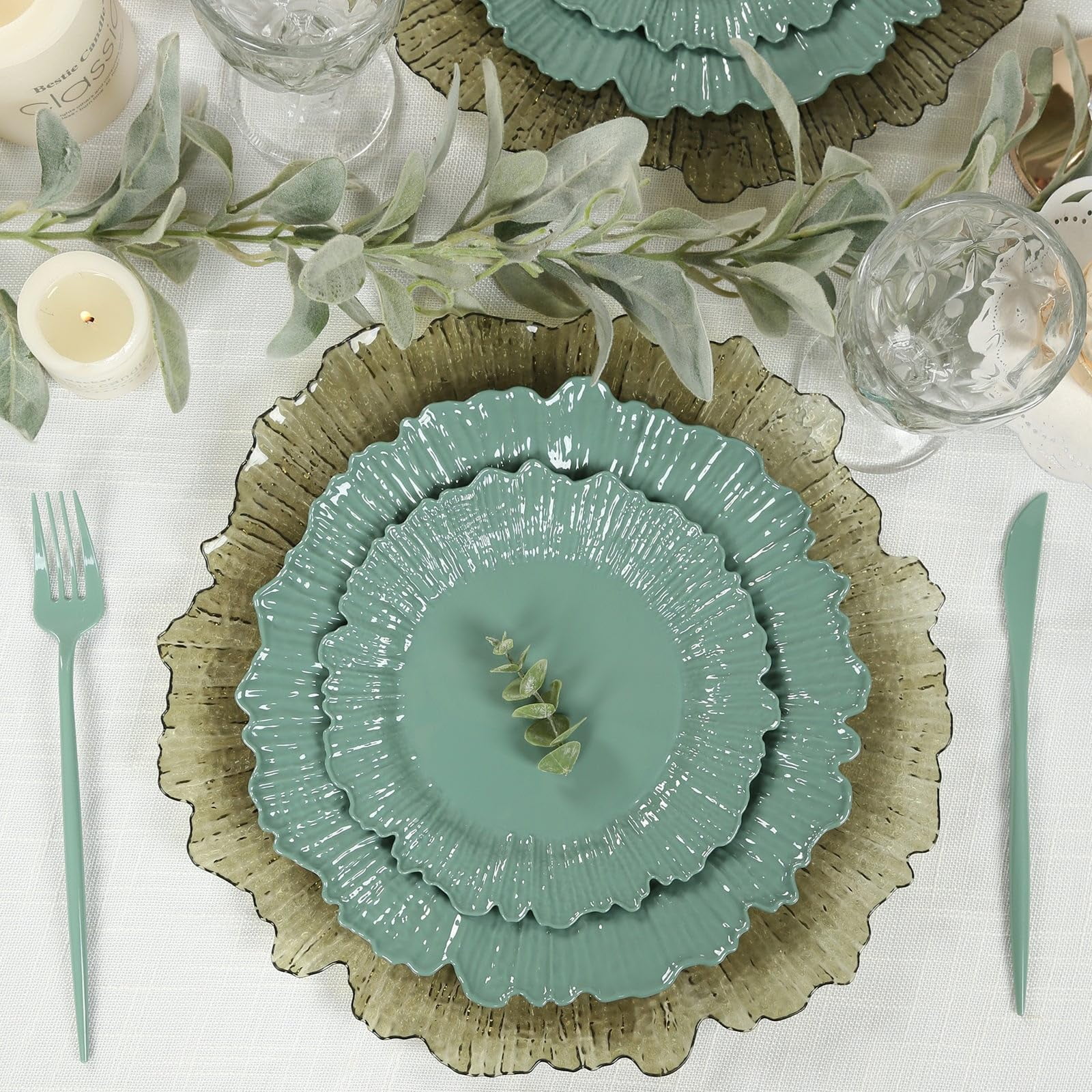 Efavormart 20-Pack Dusty Sage Green Reef Design Plastic Plates – 10 ...