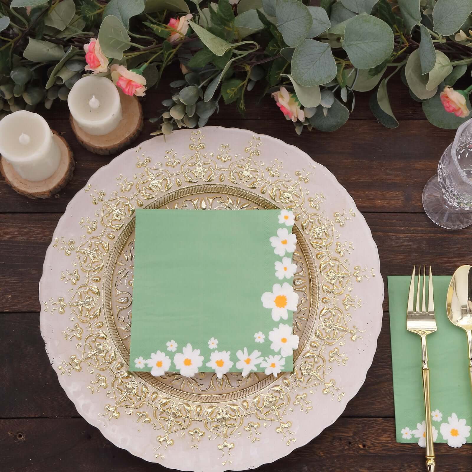 Efavormart 20 Pack Sage Green Daisy Paper Napkins, 2-Ply Disposable ...