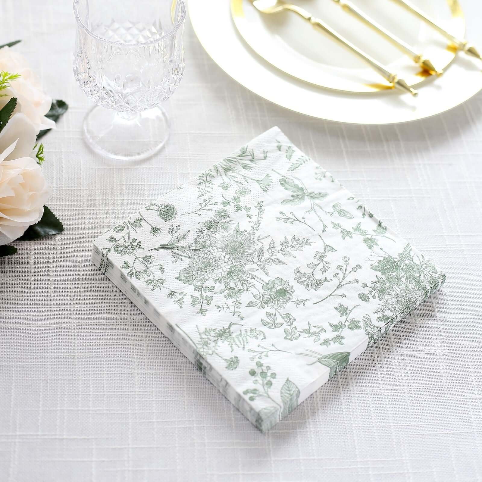 efavormart, Disposable Napkins, 20 Pack, White Sage Green Floral Print ...
