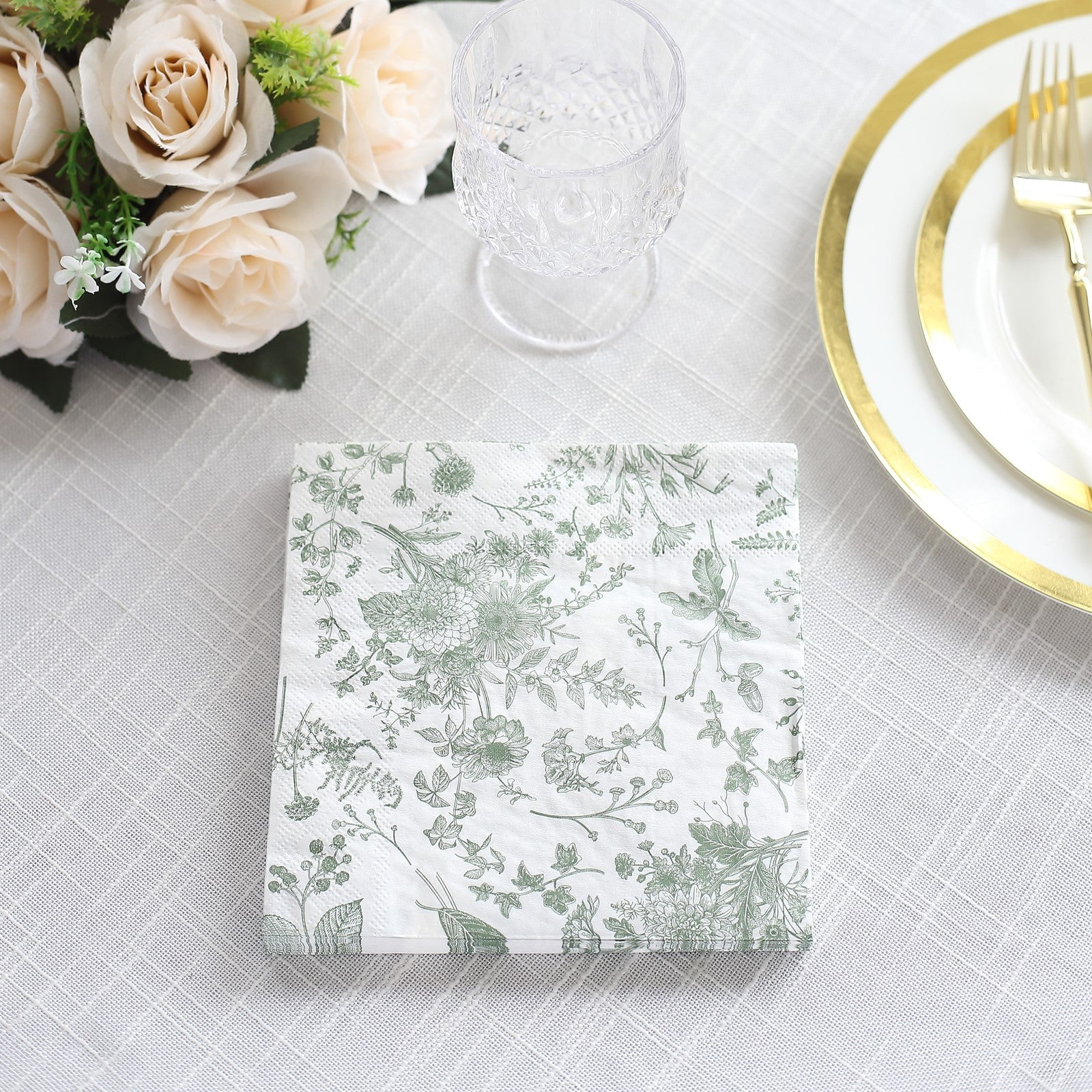 Efavormart 20 Pack White Sage Green Floral Print Paper Beverage Napkins ...