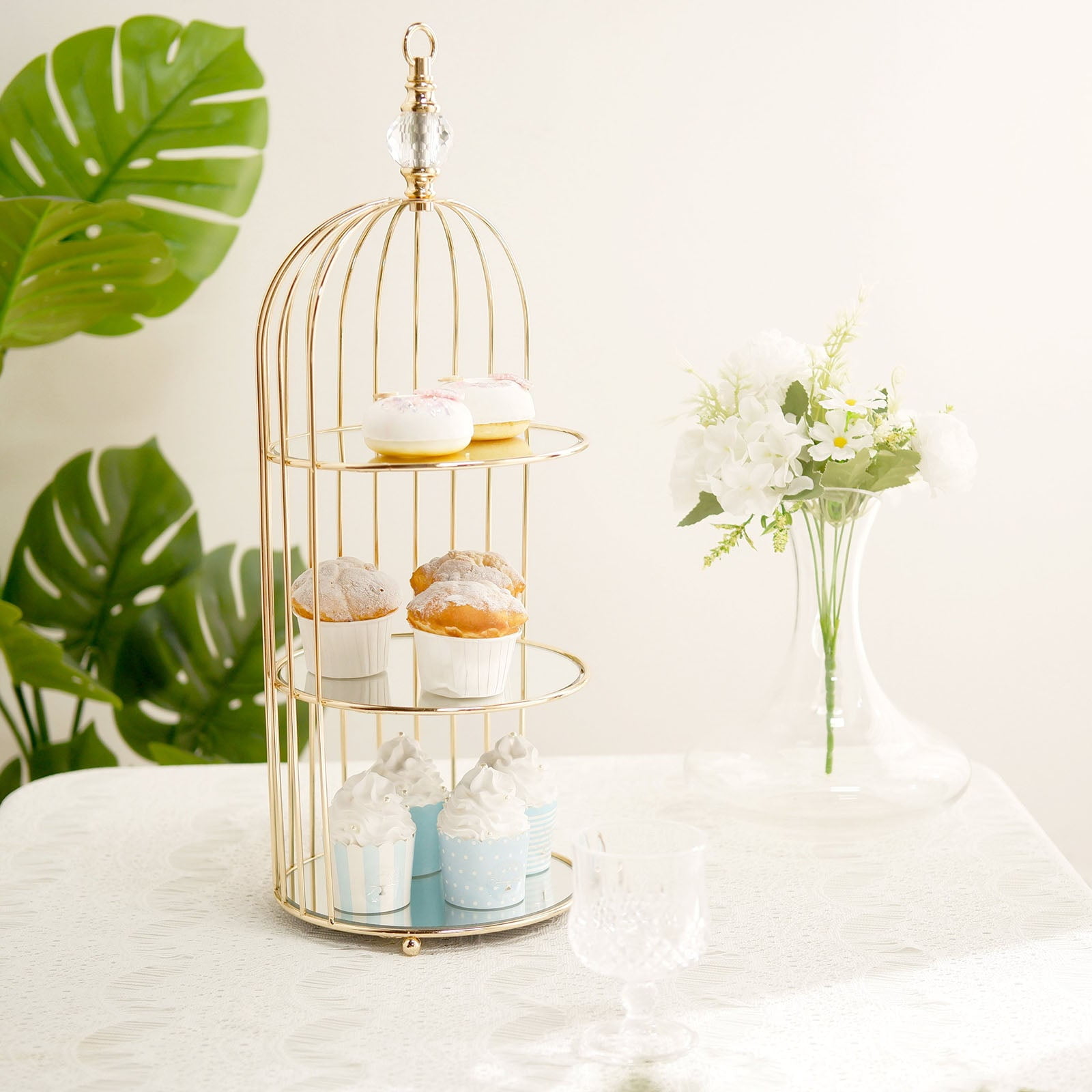 Efavormart 22" - 3 Tier Crystal Mirror Top Gold Metal Bird Cage Cupcake ...