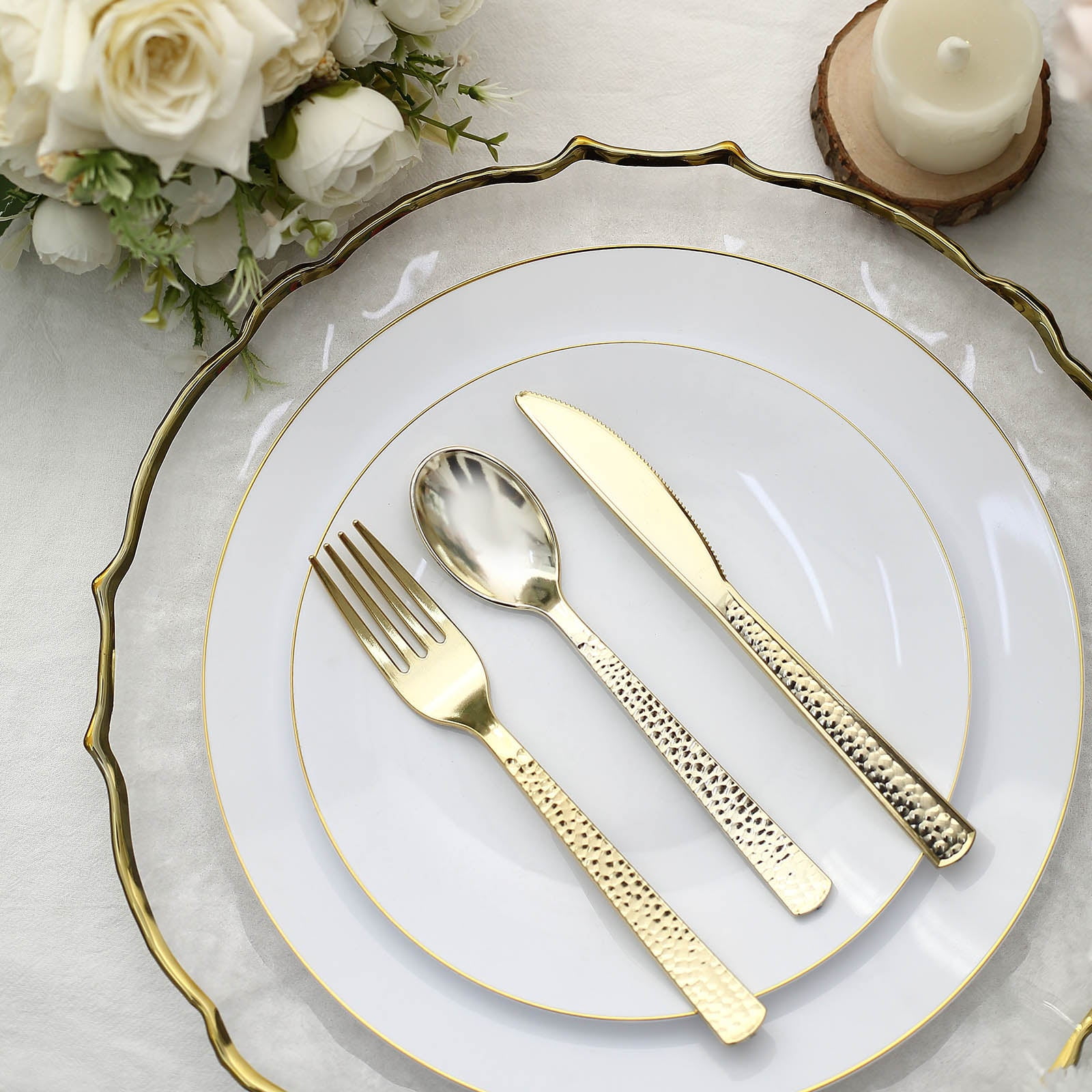 Efavormart 24 PCS Metallic Gold Hammered Disposable Plastic Cutlery Set ...