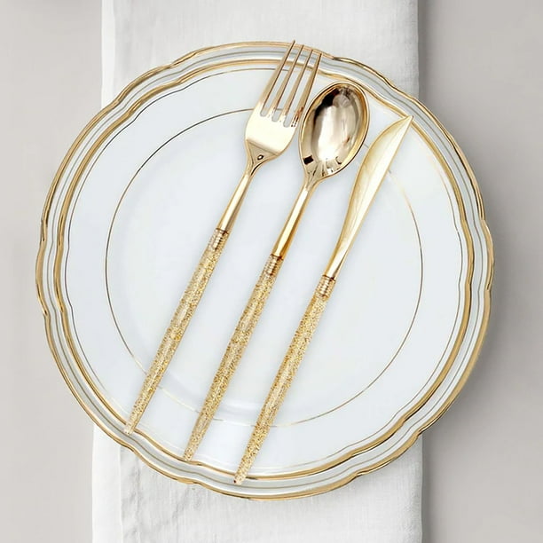 Efavormart 24 Pack | 8" Gold Glittered Disposable Cutlery Set, Plastic ...