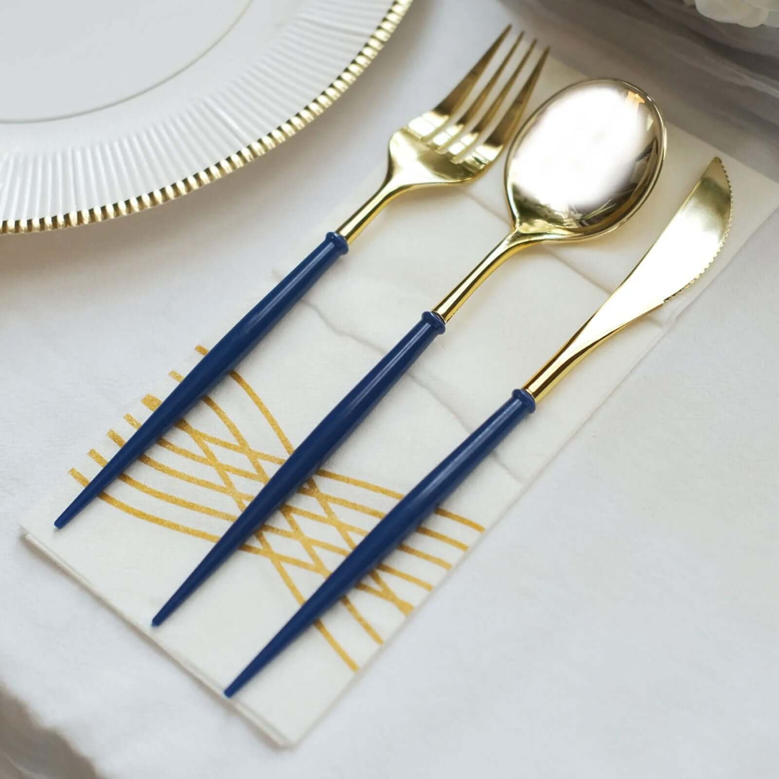 Efavormart 24 Pack Gold Disposable Plastic Cutlery | Royal Blue Handle ...