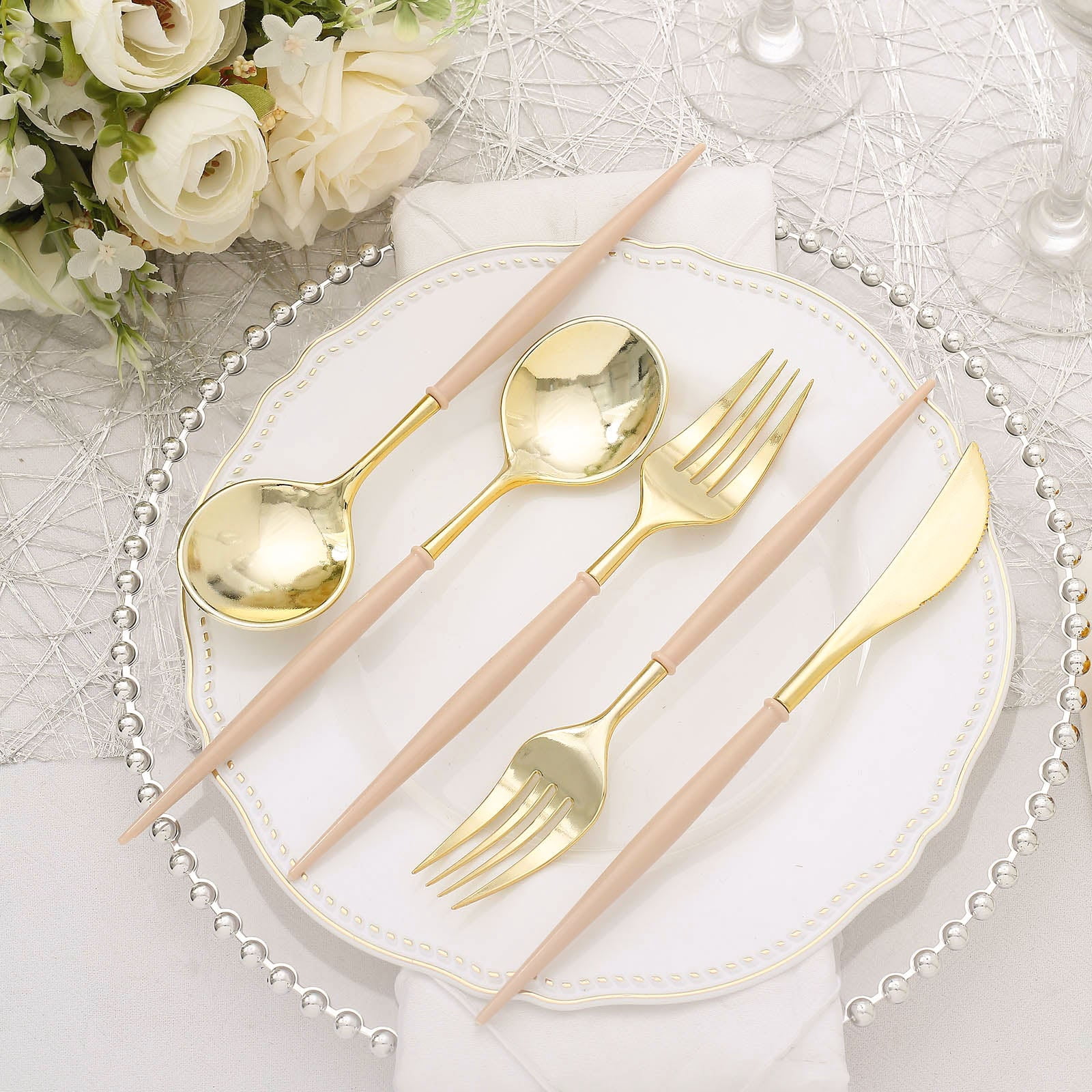 Efavormart 24 Pack | 8" Metallic Gold With Beige Utensil Set, Modern ...