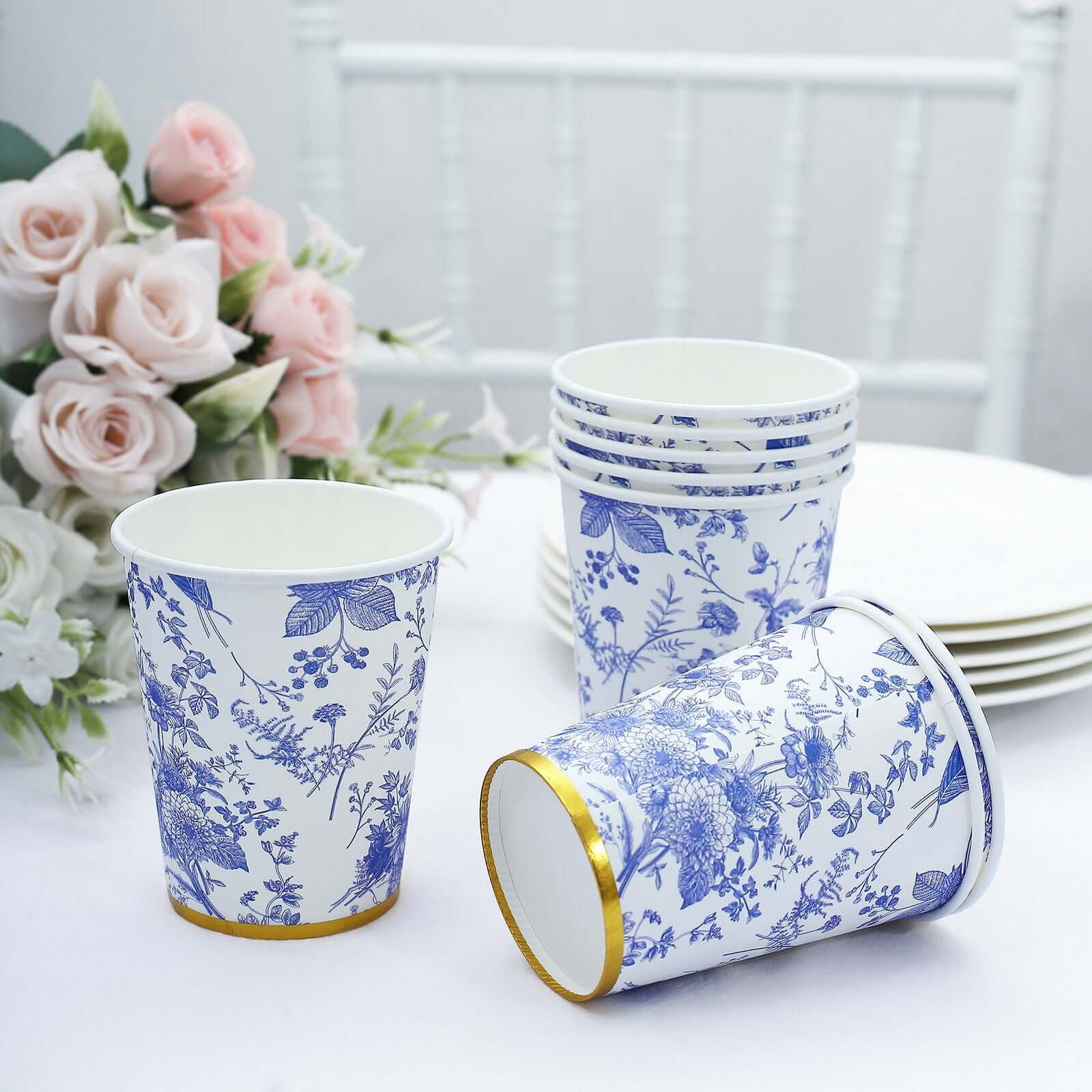 Efavormart 24 Pack | 9oz Blue Chinoiserie Floral Paper Cups with Gold ...