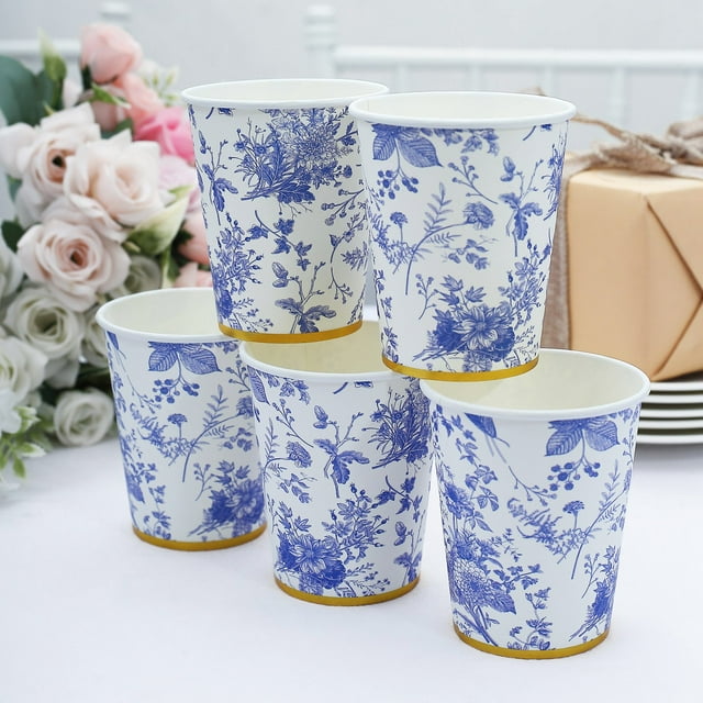 Efavormart 24 Pack | 9oz Blue Chinoiserie Floral Paper Cups with Gold ...