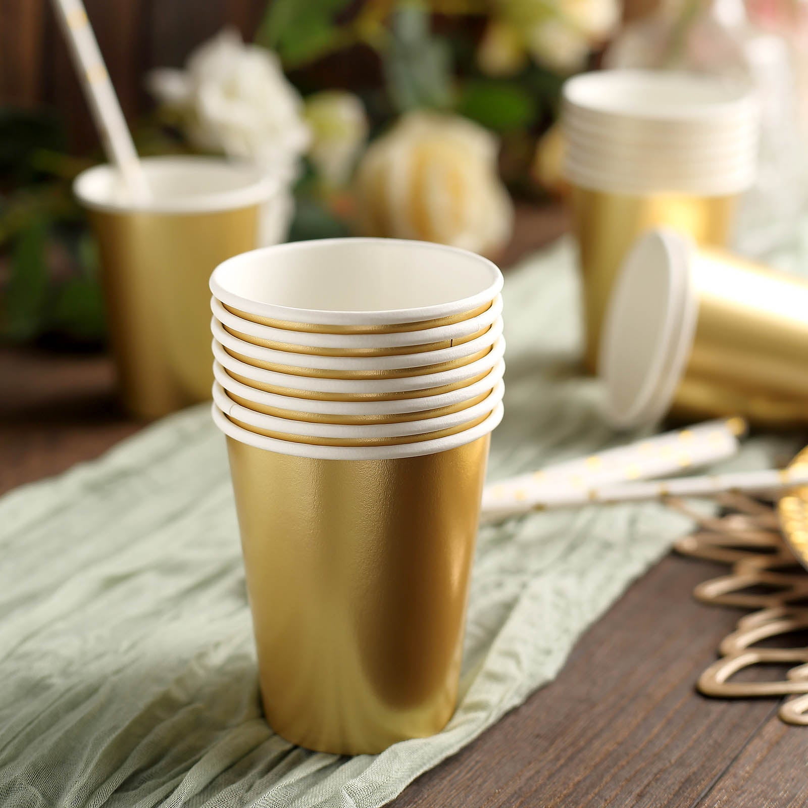 eFavormart Metallic Gold Paper Cups, Disposable 9oz Party Tableware ...