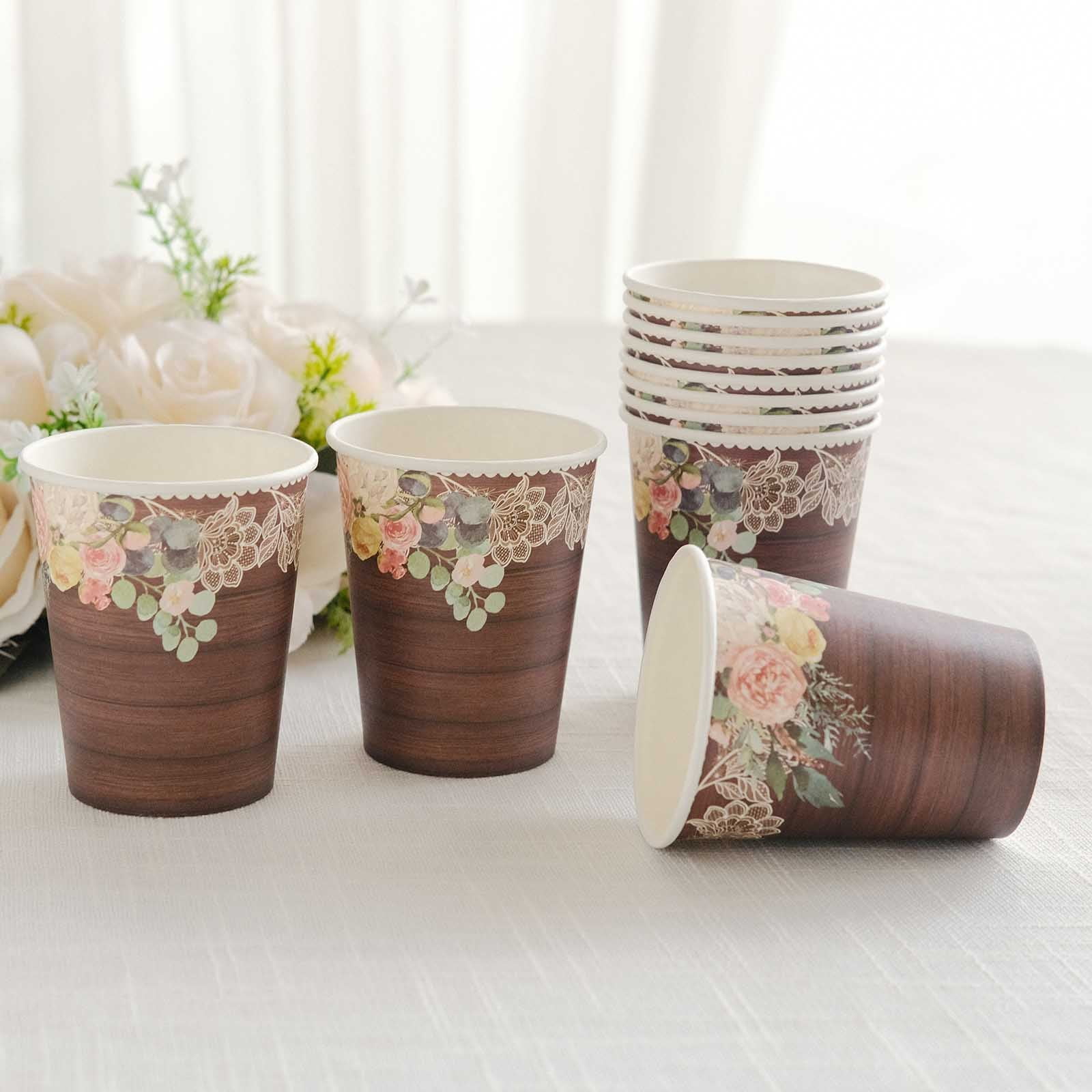 Efavormart 24 Pack Brown Rustic Wood Print Paper Cups with Floral Lace ...