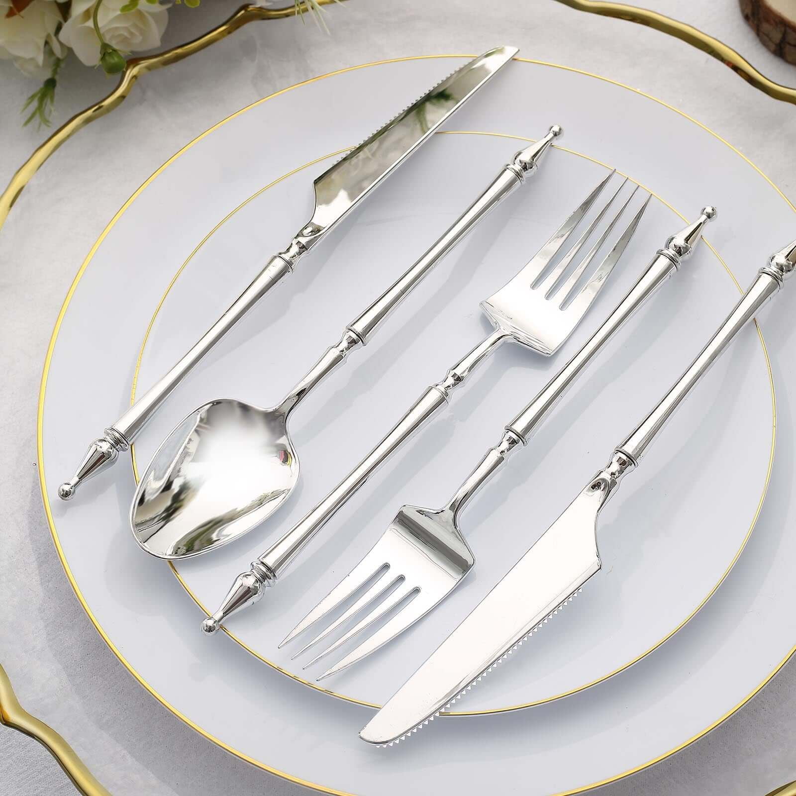 Efavormart 24 Pack | Silver Glittered European Plastic Utensil Set With ...