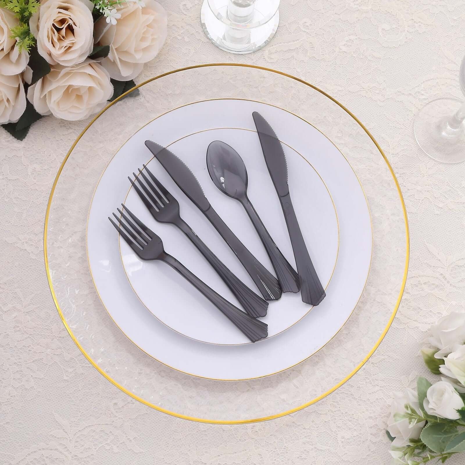 Efavormart 24 Pack Transparent Black Heavy Duty Plastic Silverware Set ...